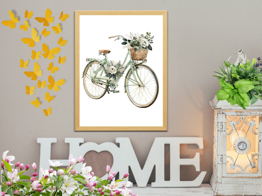 Bicycle Sage Green Wall Art, Bike Basket With Flowers Country Kitchen ...