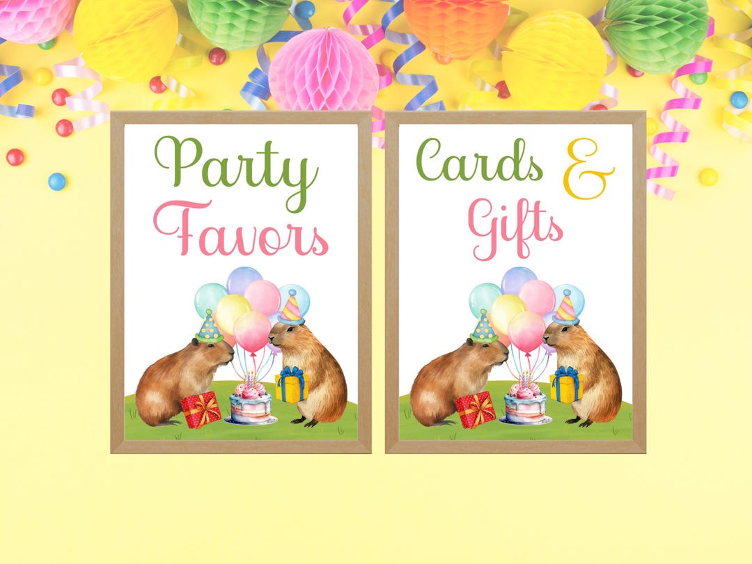 Set of 2 Cute Capybara Party Table Signs, Party Favors & Cards and ...