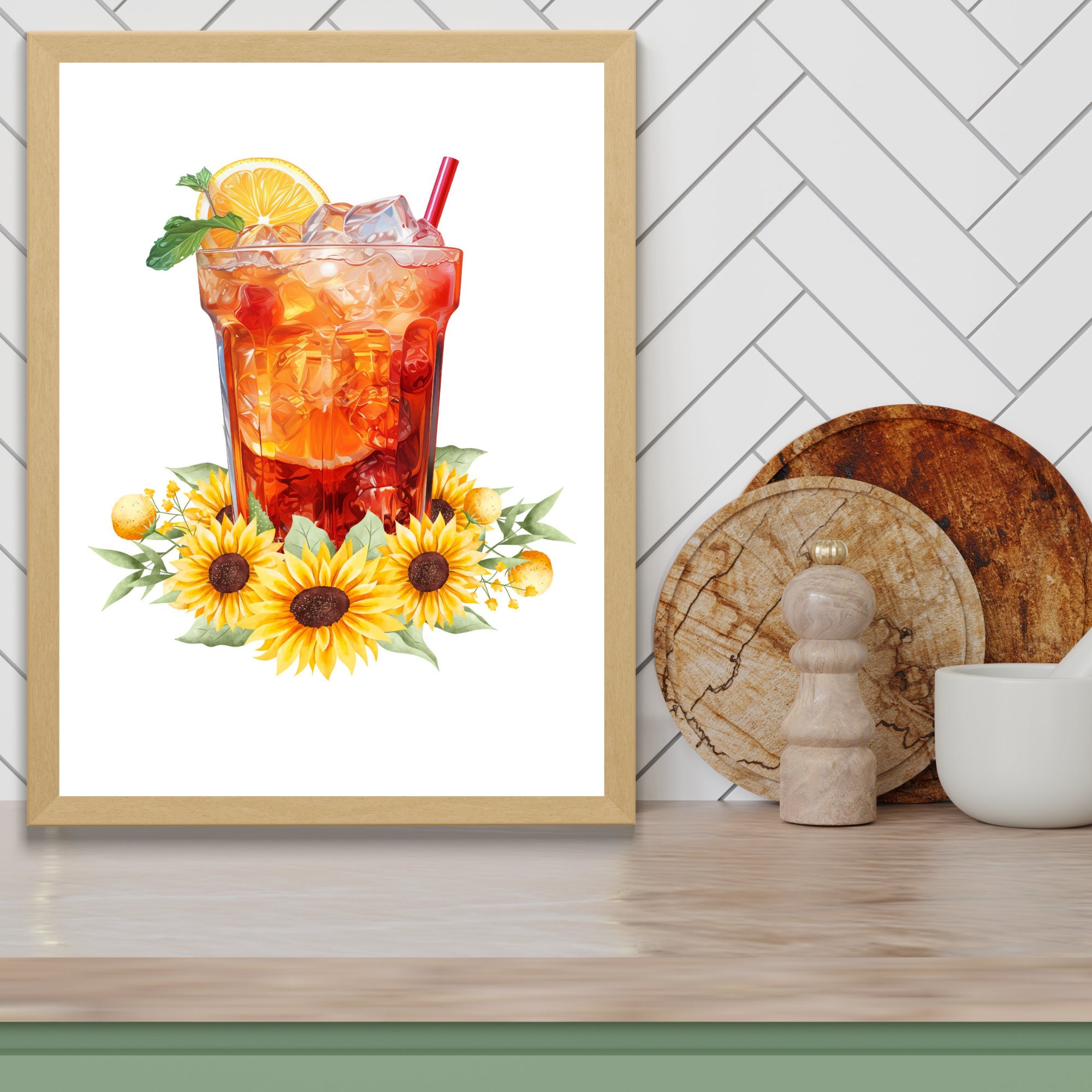 Sunflowers and Iced Tea Botanical Print, Floral Watercolor Summer ...