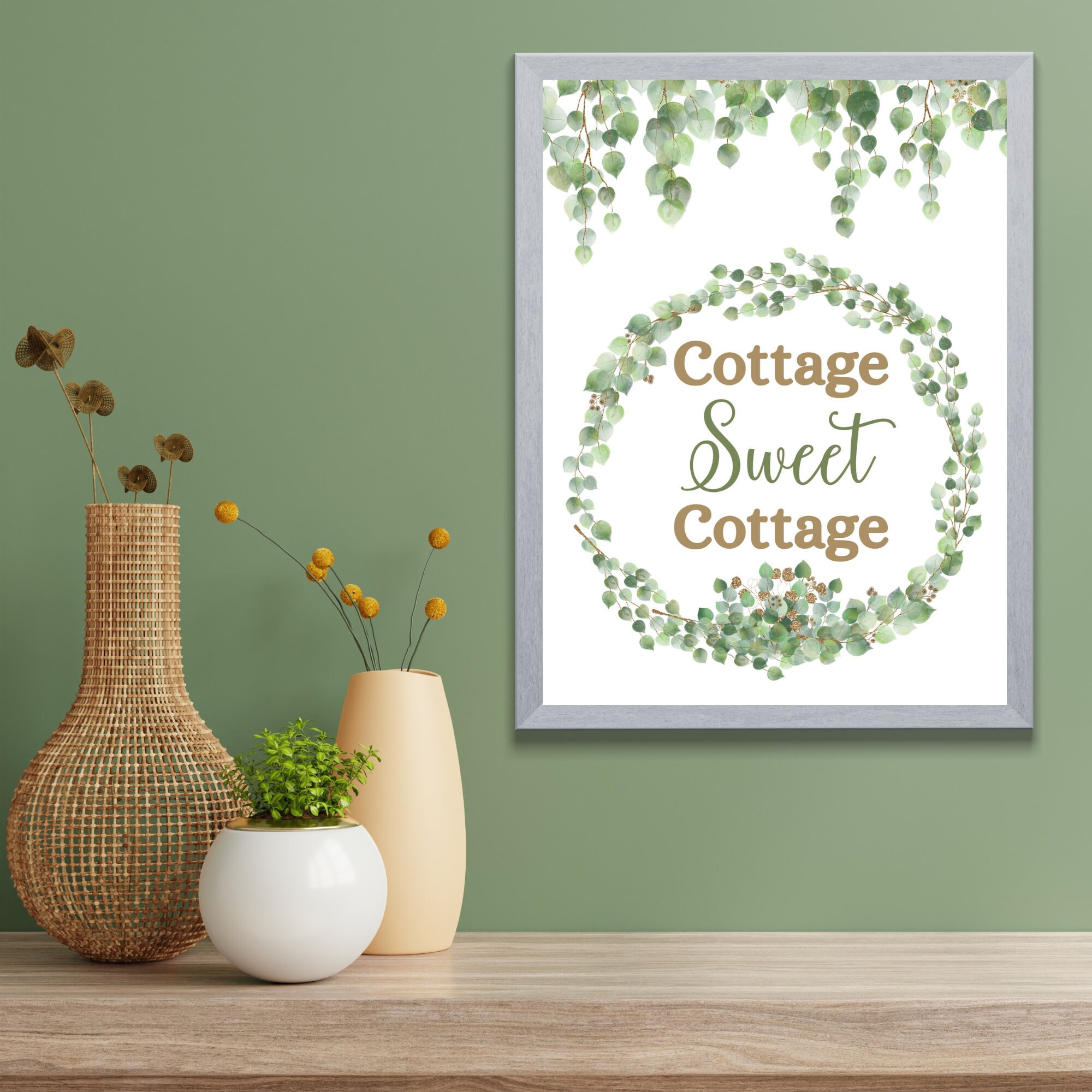 Cottage Sweet Cottage Sign, Eucalyptus Wreath Watercolor Print, Sage ...