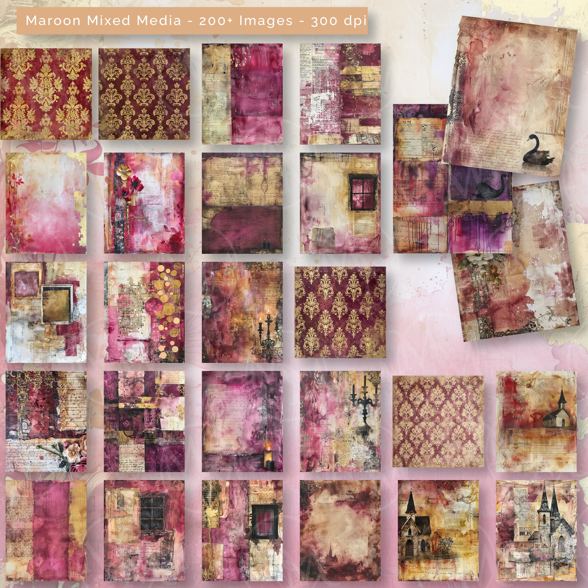 Shabby Chic Printable Papers Bundle 200 Distressed Scrapbook Digital A4 ...
