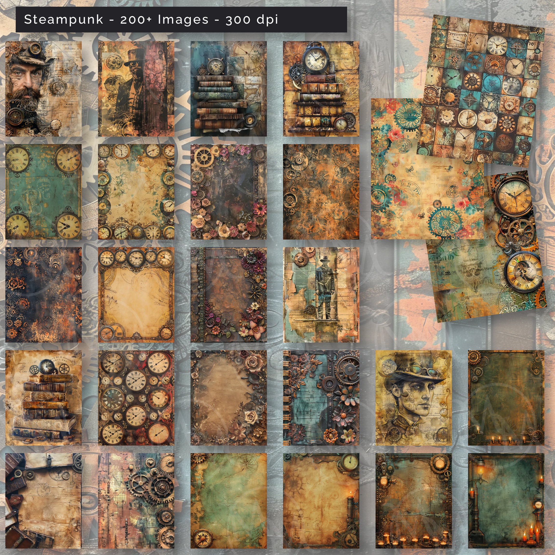 Steampunk Big Bundle 200+ Printable Scrapbook Papers Digital A4, Letter ...