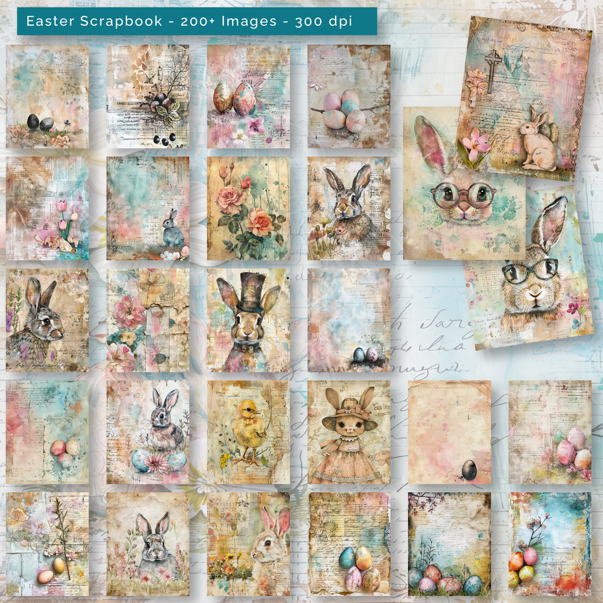 Easter Printable Papers Bundle 200+ Shabby Chic Vintage Scrapbook Digital A4, Letter, Half ...