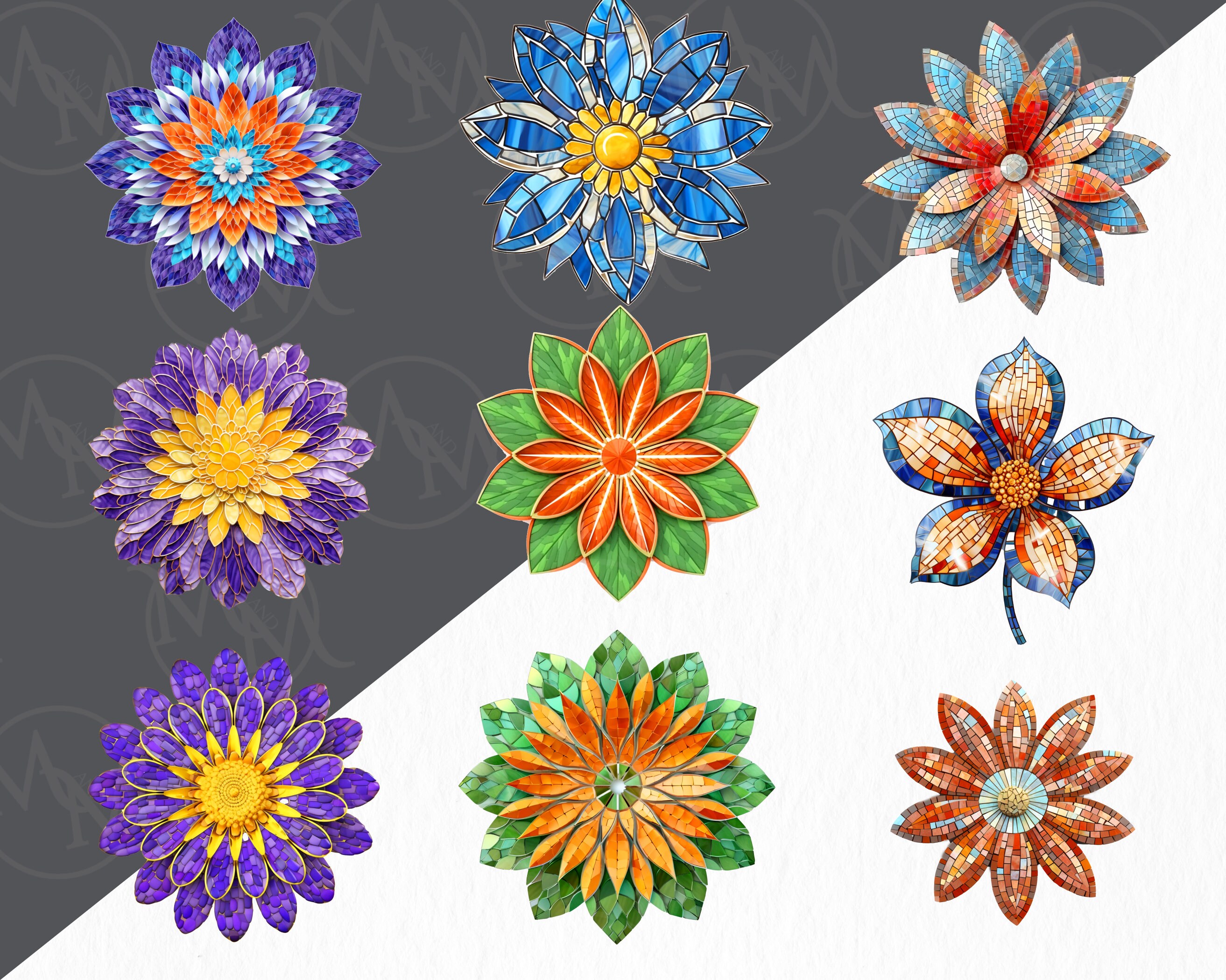 Mosaic Flowers Clipart PNG Files With Commercial Use Colorful Ceramic ...