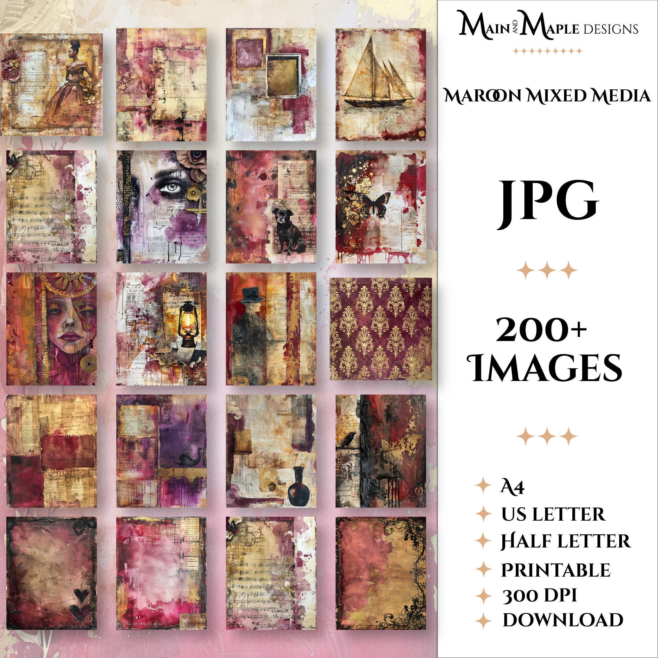 Shabby Chic Printable Papers Bundle 200 Distressed Scrapbook Digital A4 ...