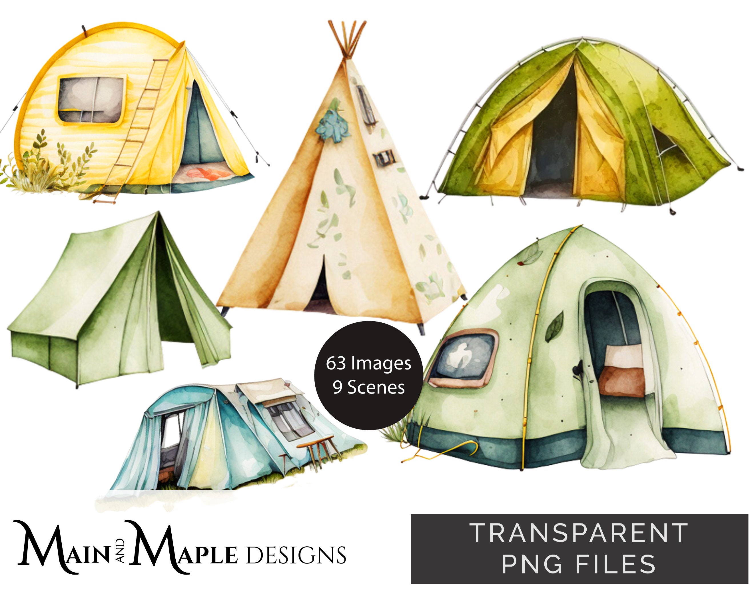 Camping Watercolor Clip Art Summer Vacation 63 Images + 9 Scenes ...