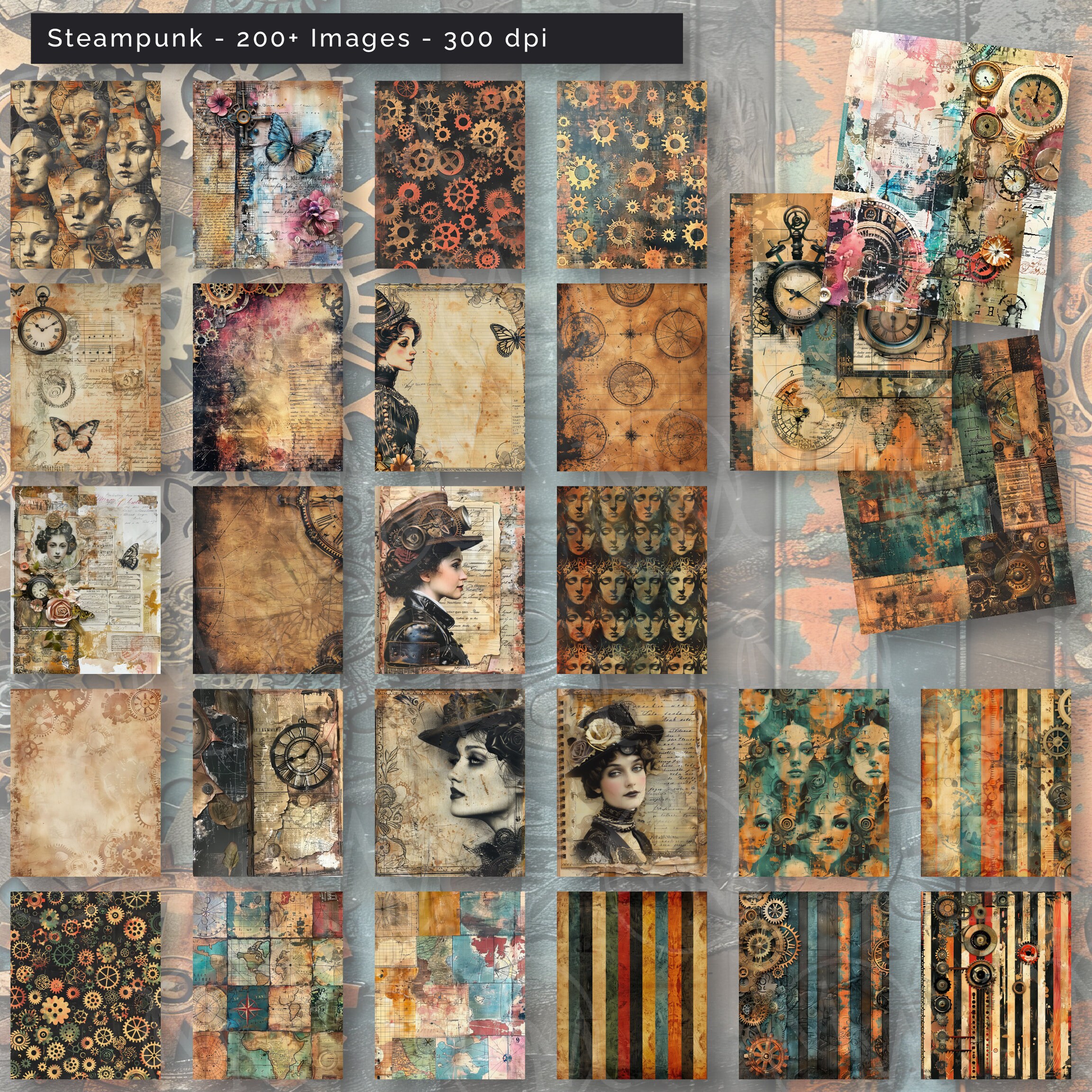 Steampunk Big Bundle 200+ Printable Scrapbook Papers Digital A4, Letter ...