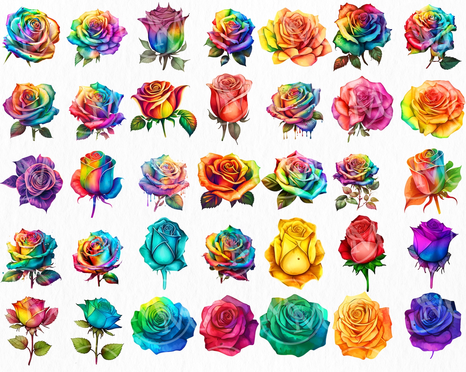 Rainbow Roses Clipart Bundle Transparent PNG Files With Commercial Use ...