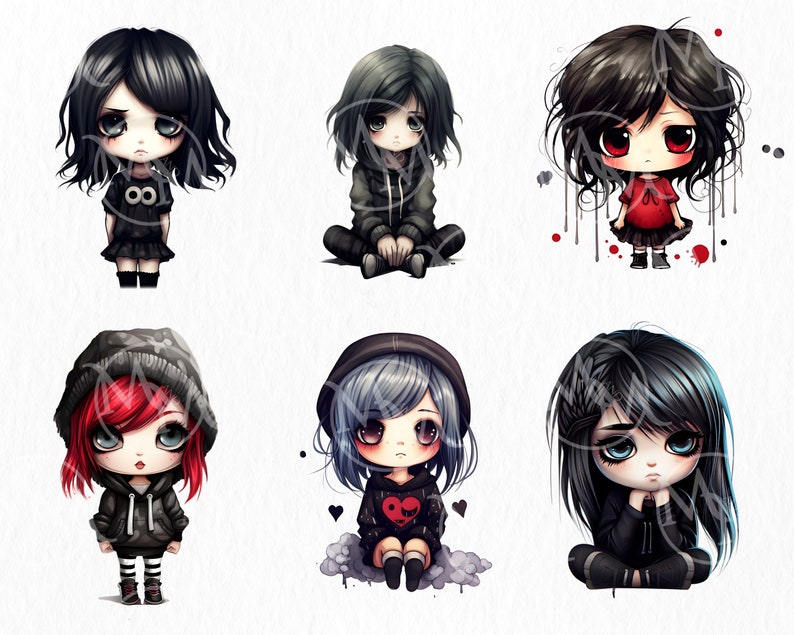 Chibi Emo Girls Clipart PNG Files With Commercial Use Cute Digital ...