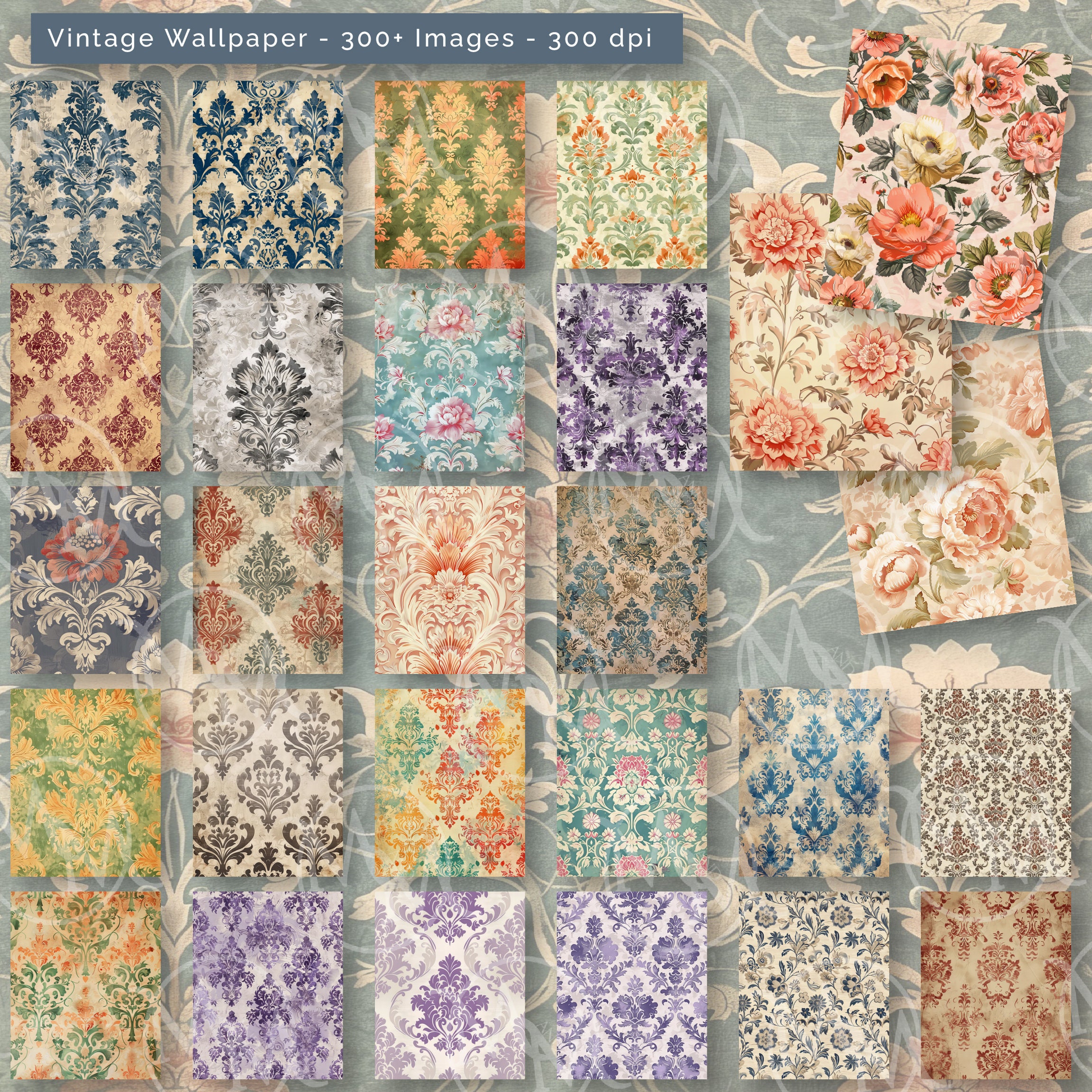 Vintage Wallpaper 300+ Printable Papers Patterns Scrapbook Digital ...