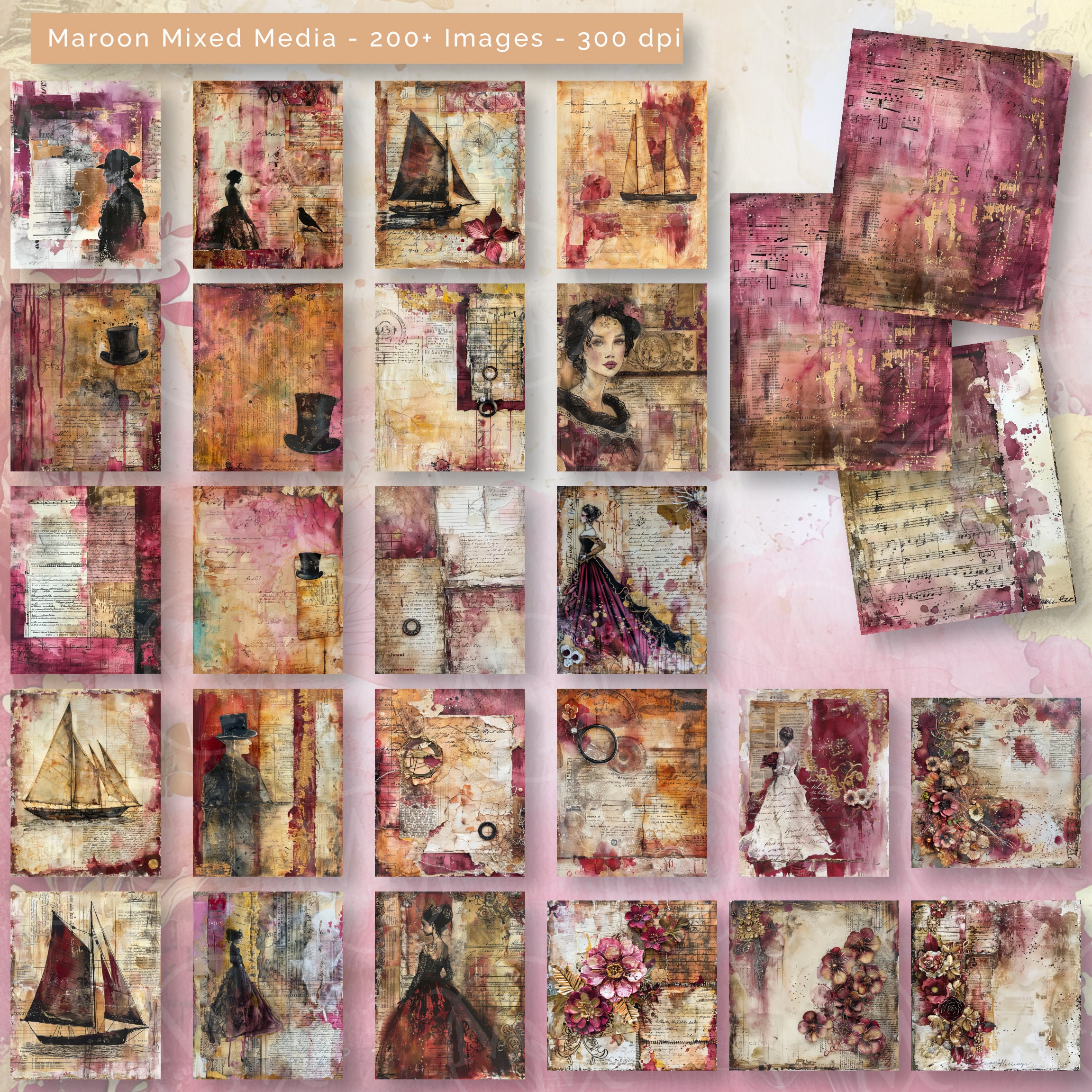 Shabby Chic Printable Papers Bundle 200 Distressed Scrapbook Digital A4 ...