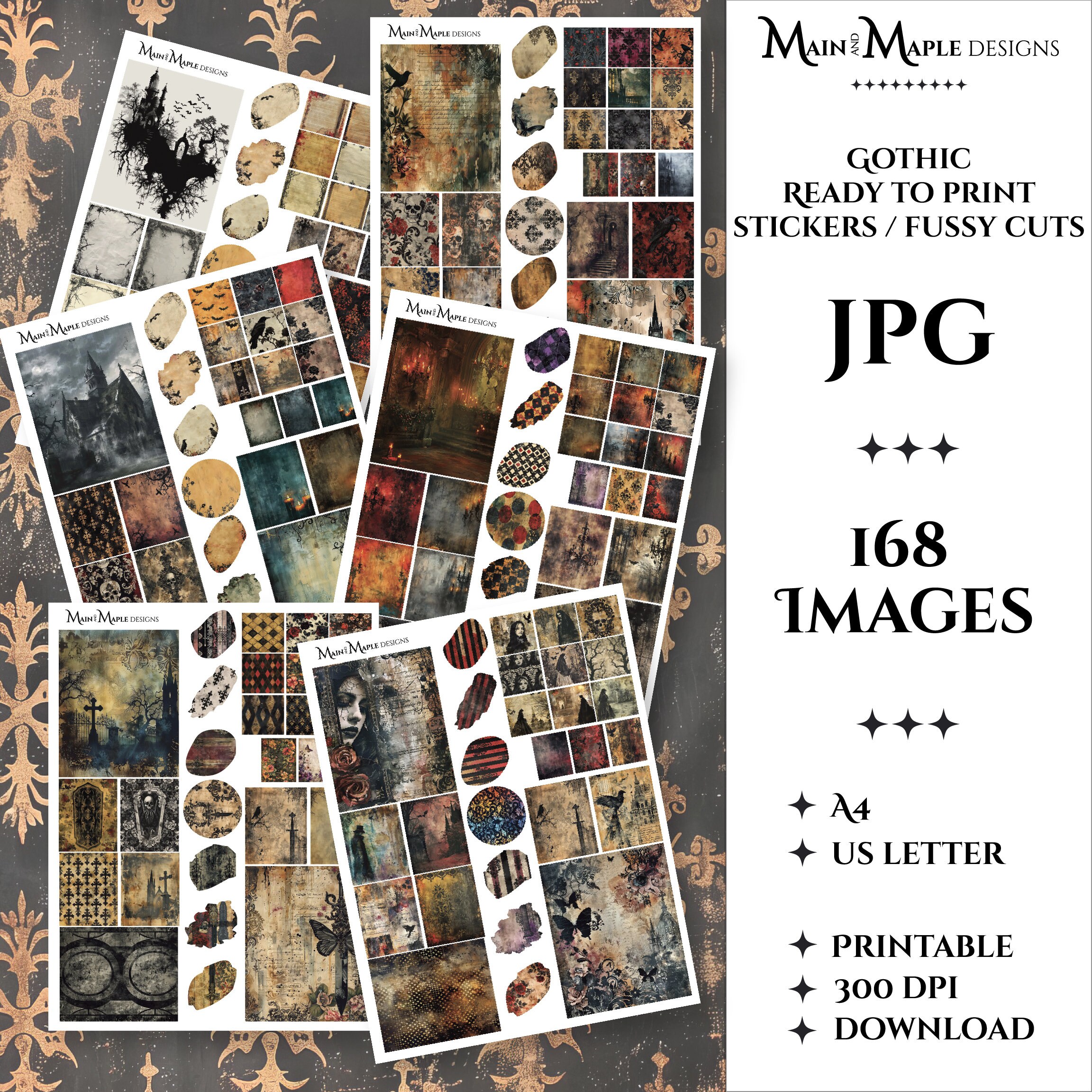Gothic Printable Stickers Fussy Cuts, JPG Digital Images A4 and US ...