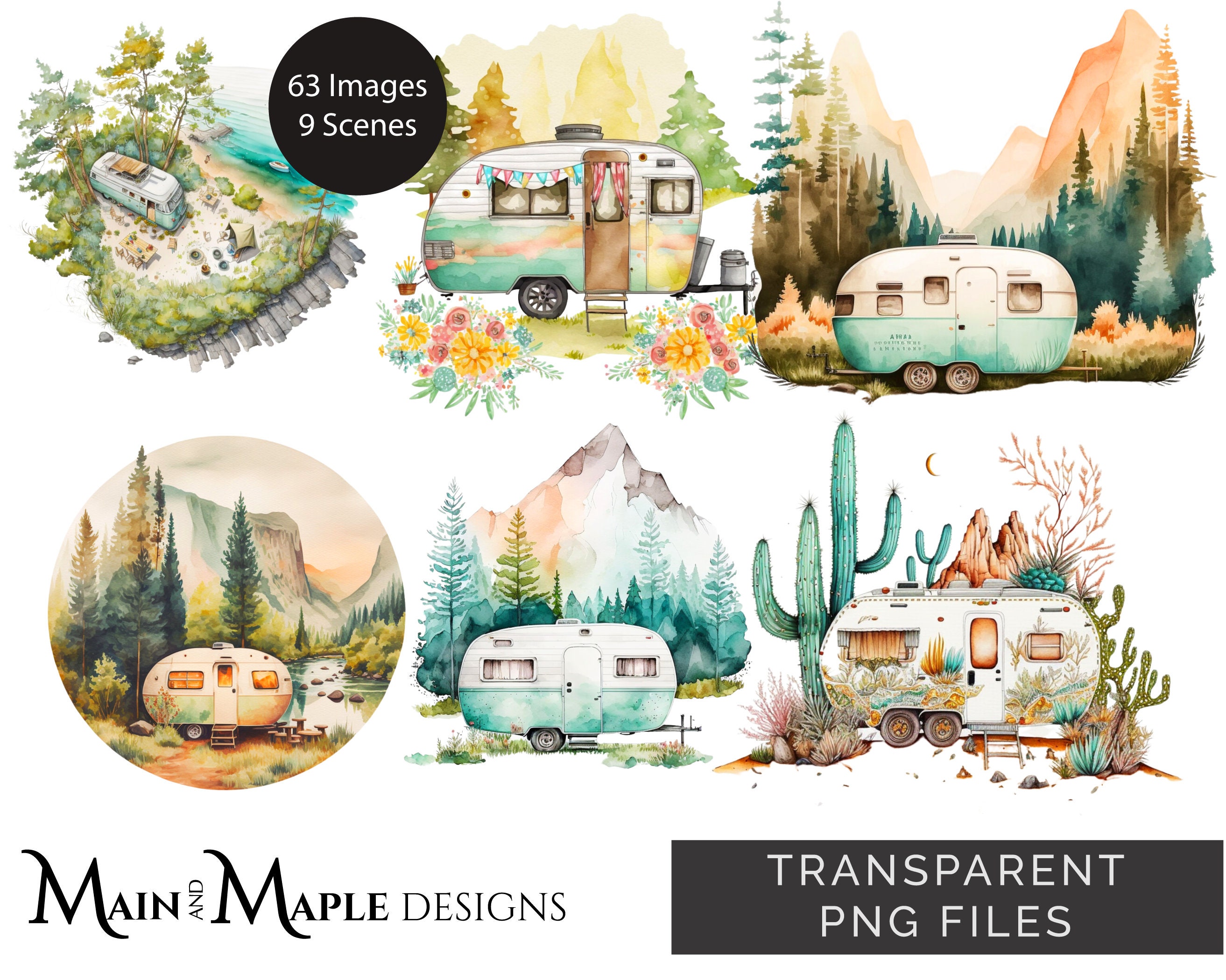 Camping Watercolor Clip Art Summer Vacation 63 Images + 9 Scenes ...