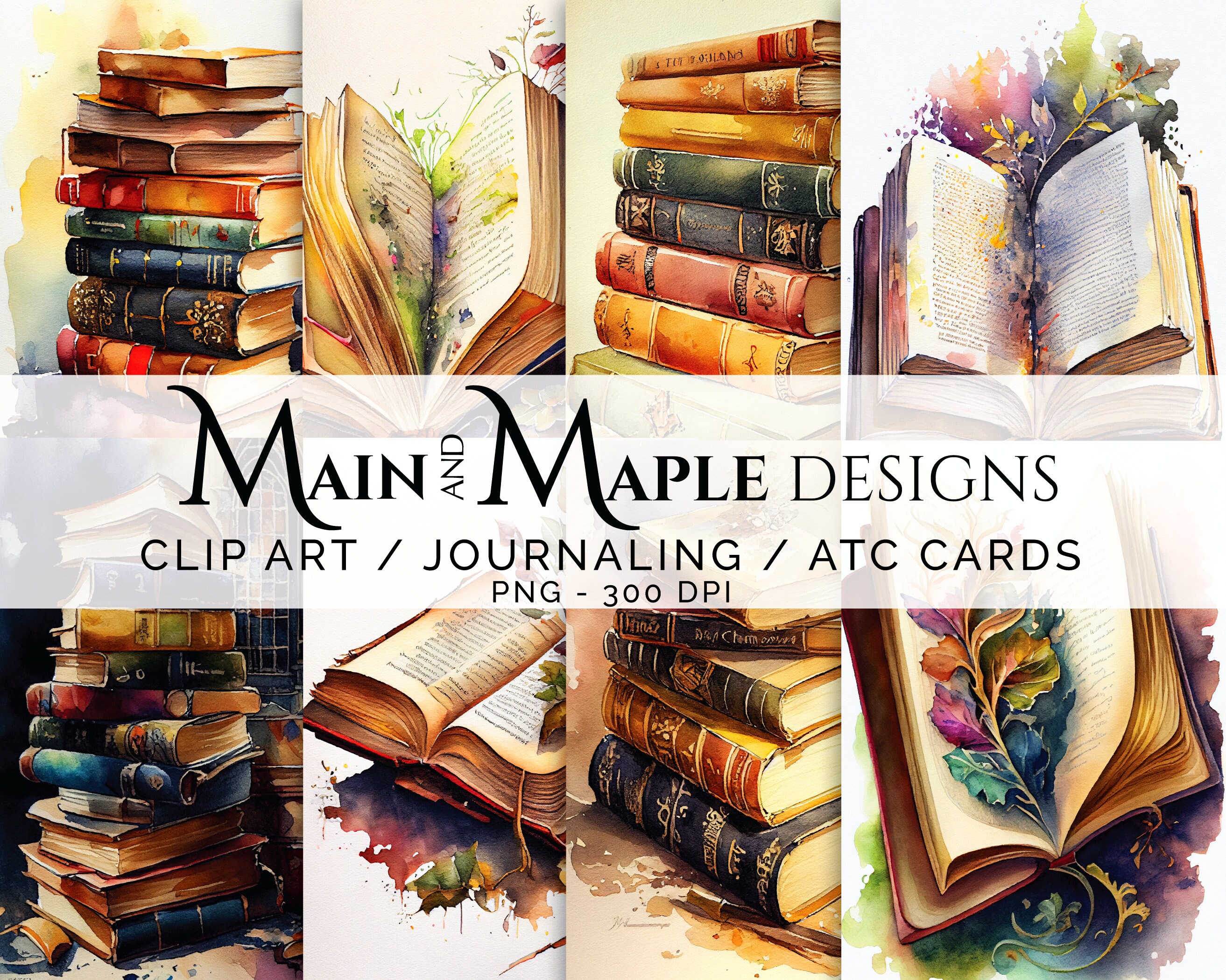 Books Scenes in Watercolor | Clip Art Commercial Use | Printable ATC ...