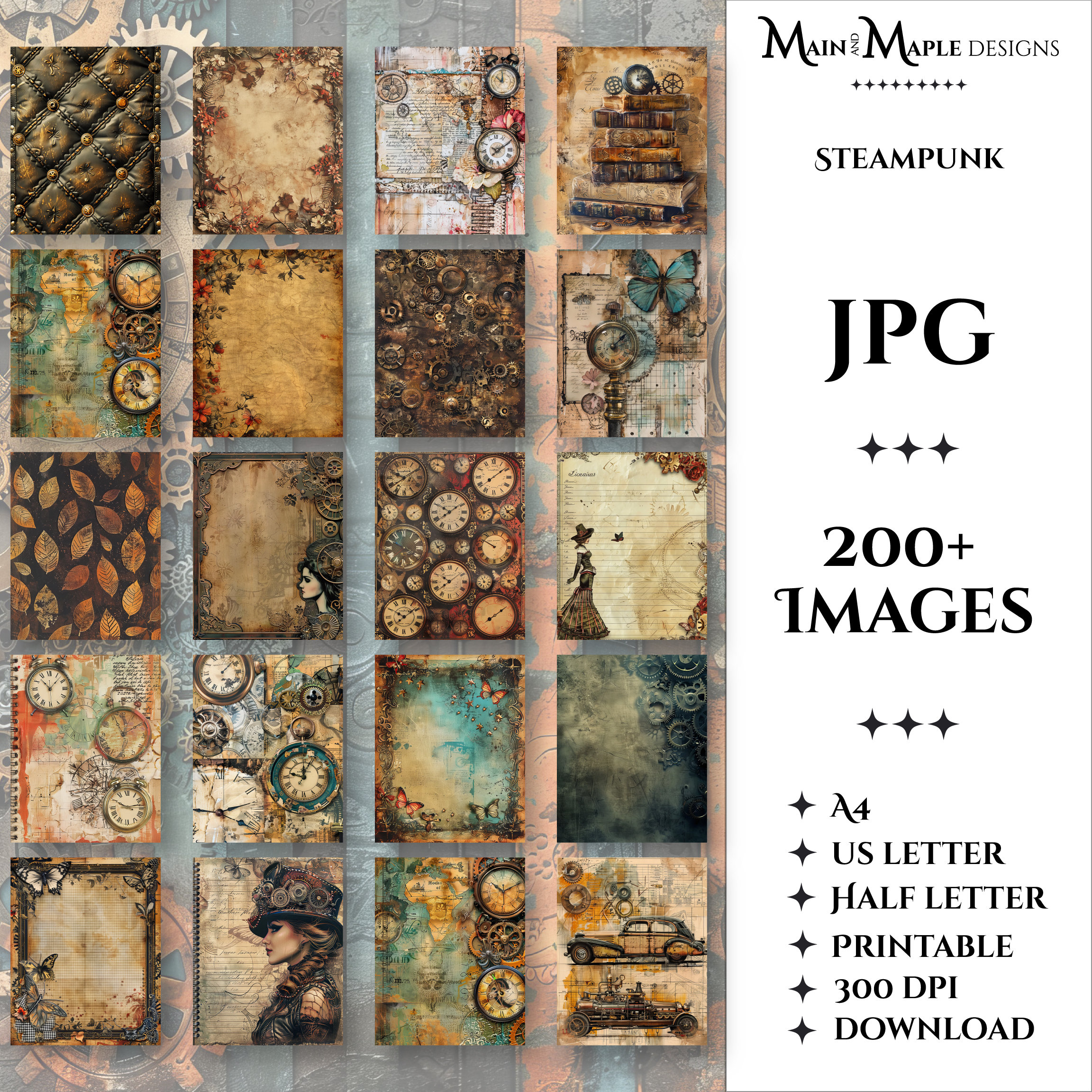 Steampunk Big Bundle 200+ Printable Scrapbook Papers Digital A4, Letter ...