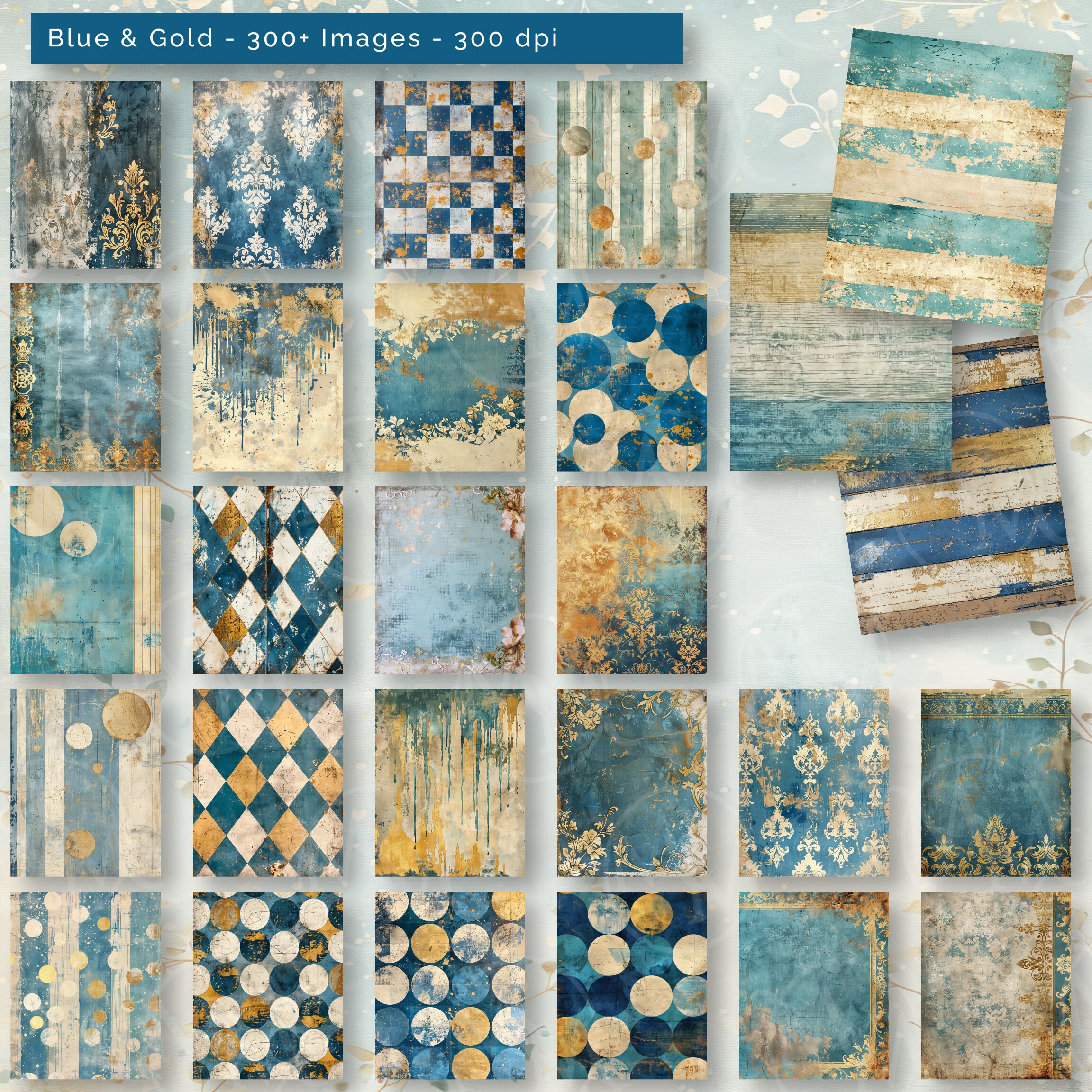 Big Bundle 300 Printable Scrapbook Papers Blue Gold Grunge Digital A4 ...