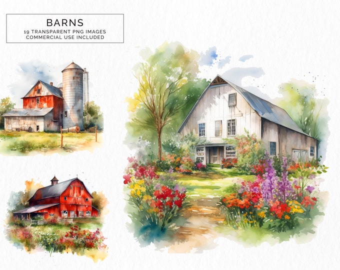 Farmhouse Clipart PNG Transparent Watercolor Farm Barn Bundle | 16 PNG ...