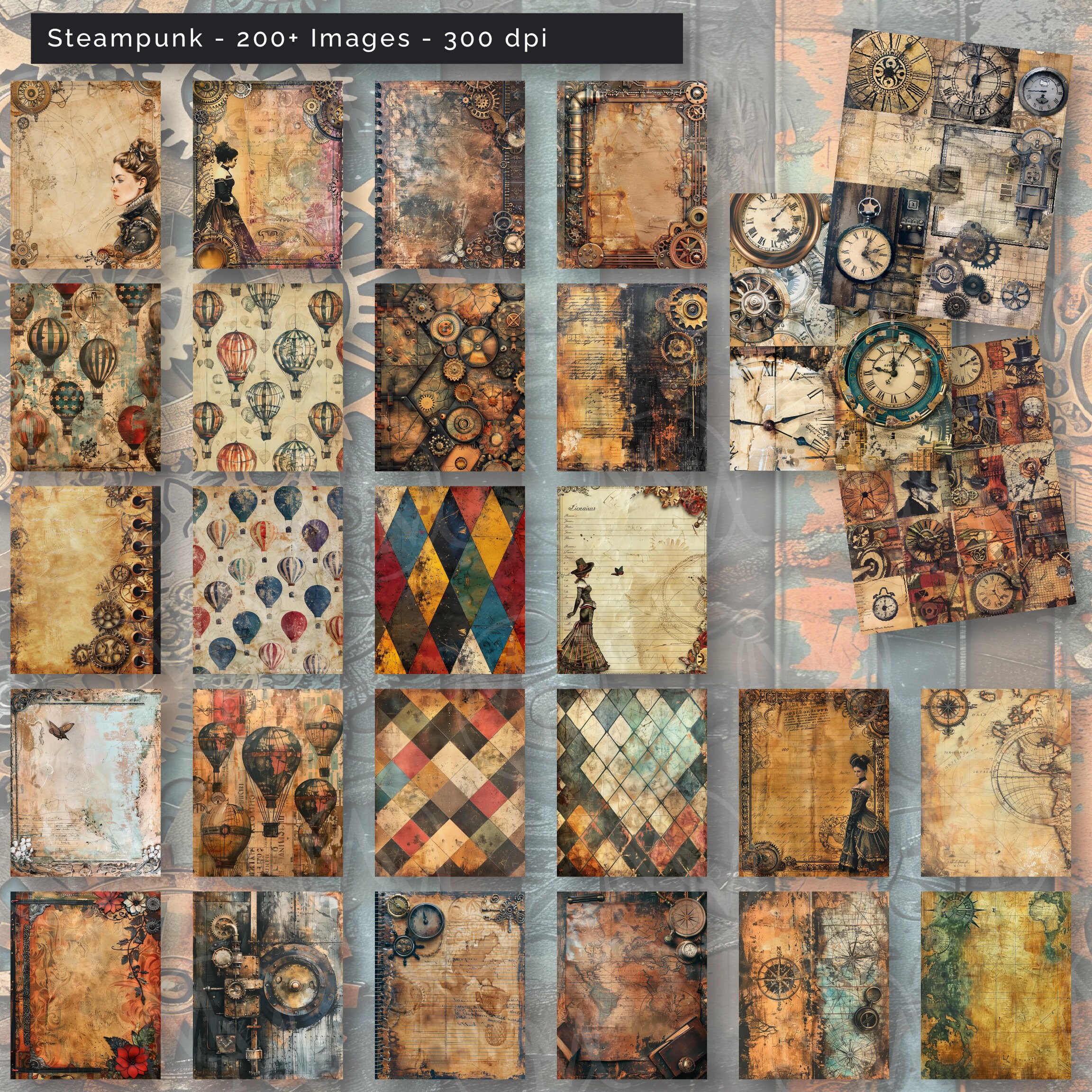 Steampunk Big Bundle 200+ Printable Scrapbook Papers Digital A4, Letter ...