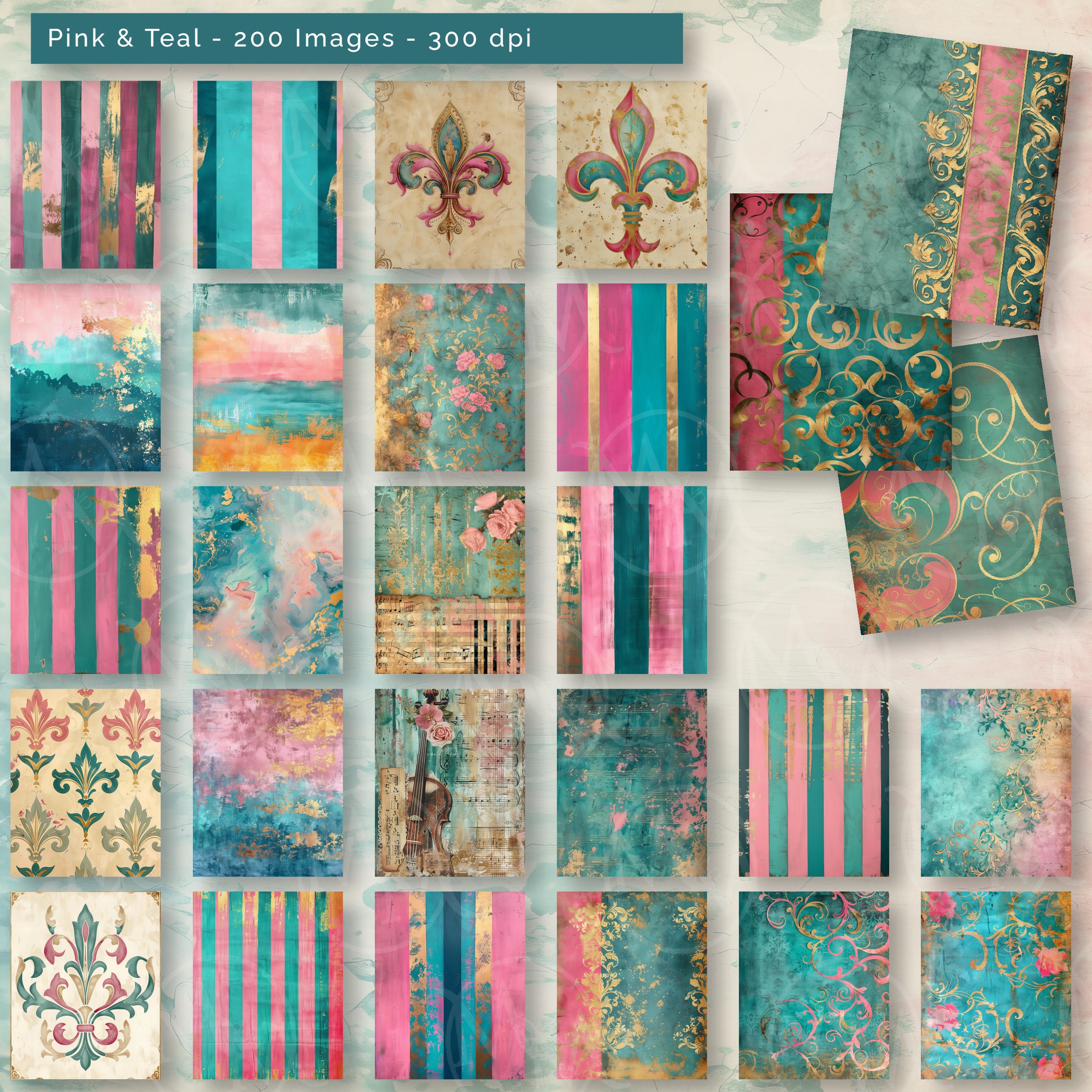 Big Bundle 200+ Printable Papers Pink Teal Scrapbook Digital A4, Letter ...