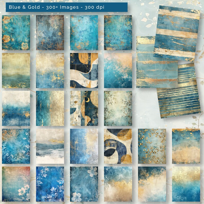 Big Bundle 300+ Printable Scrapbook Papers Blue Gold Grunge Digital A4 ...