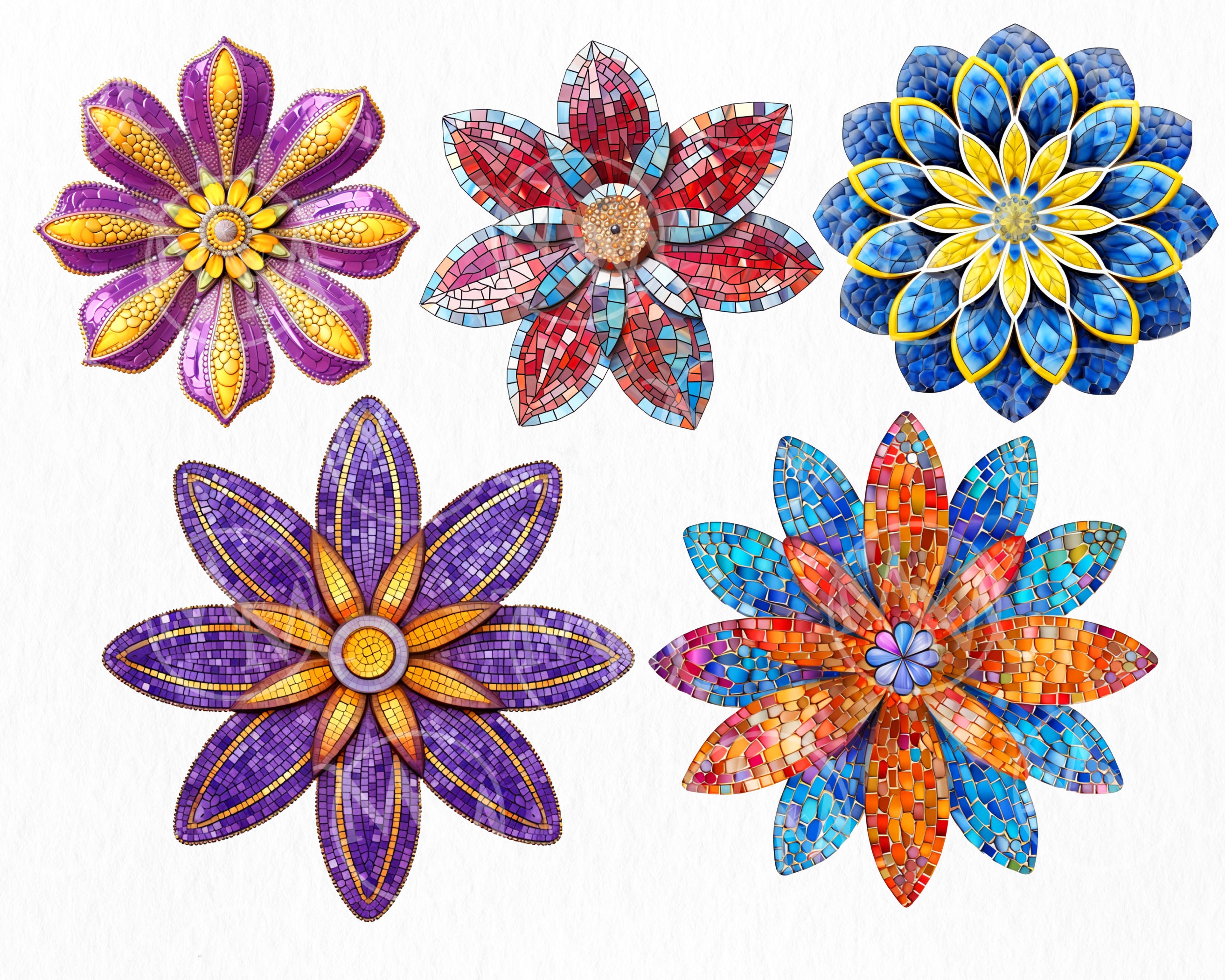 Mosaic Flowers Clipart PNG Files With Commercial Use Colorful Ceramic ...