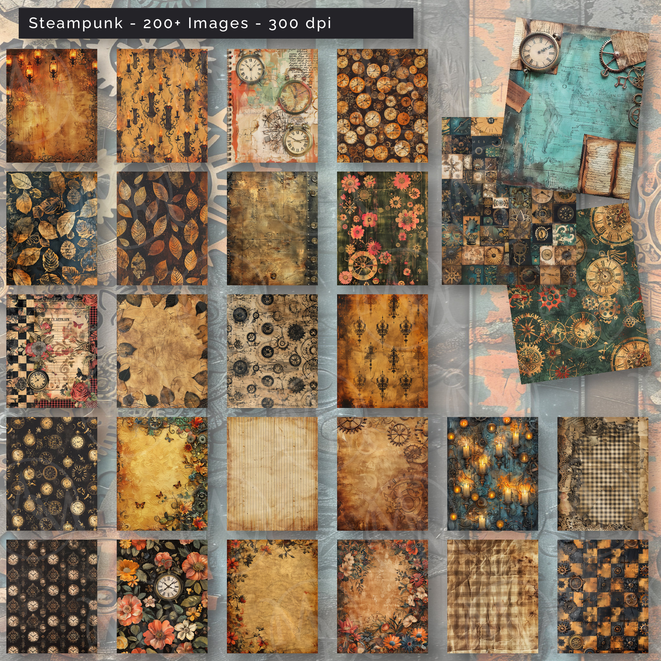 Steampunk Big Bundle 200+ Printable Scrapbook Papers Digital A4, Letter ...