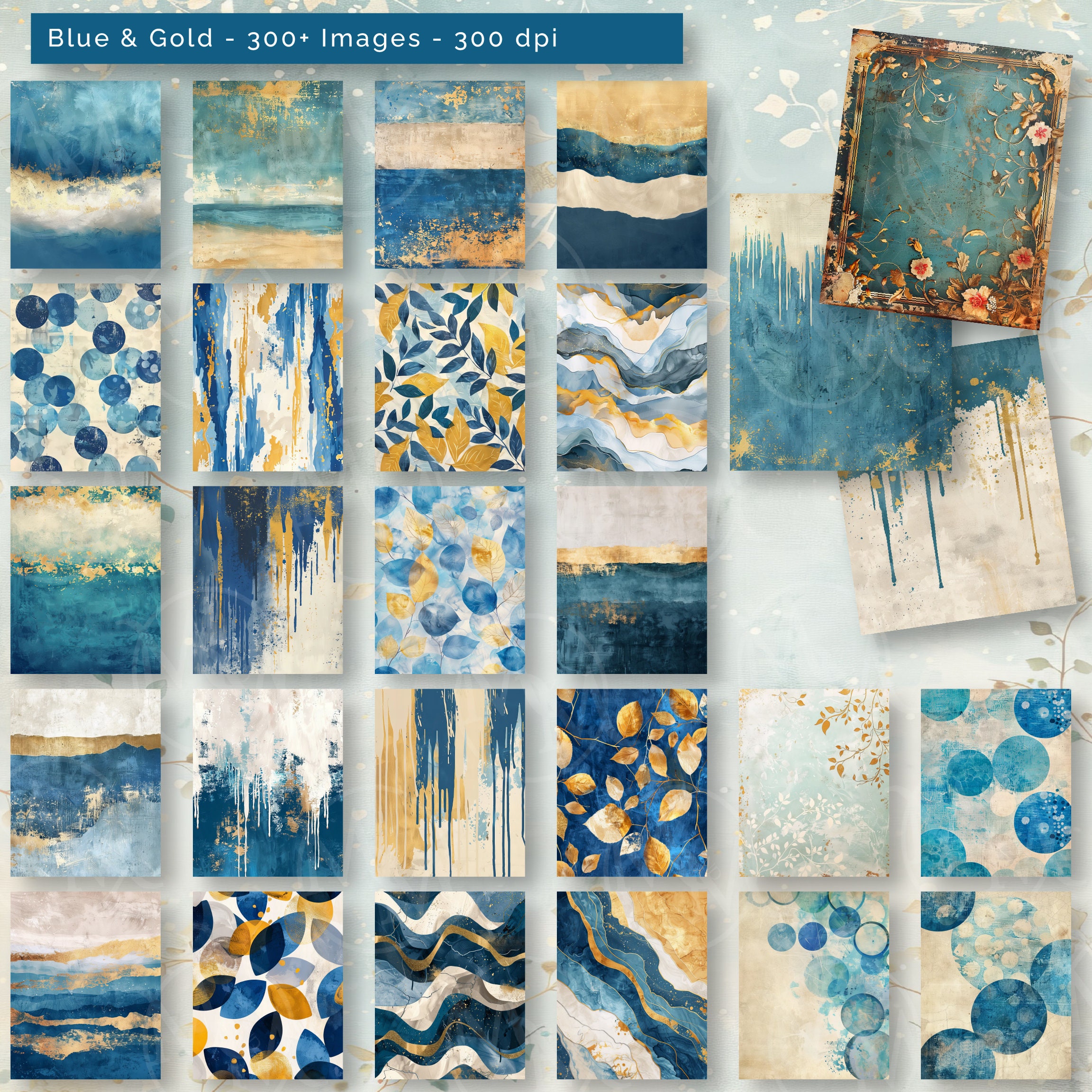 Big Bundle 300 Printable Scrapbook Papers Blue Gold Grunge Digital A4 ...