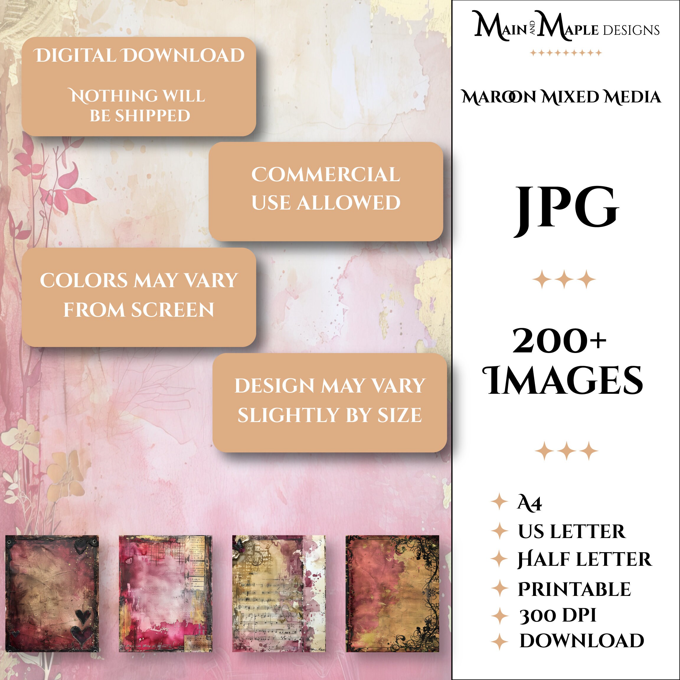 Shabby Chic Printable Papers Bundle 200 Distressed Scrapbook Digital A4 ...