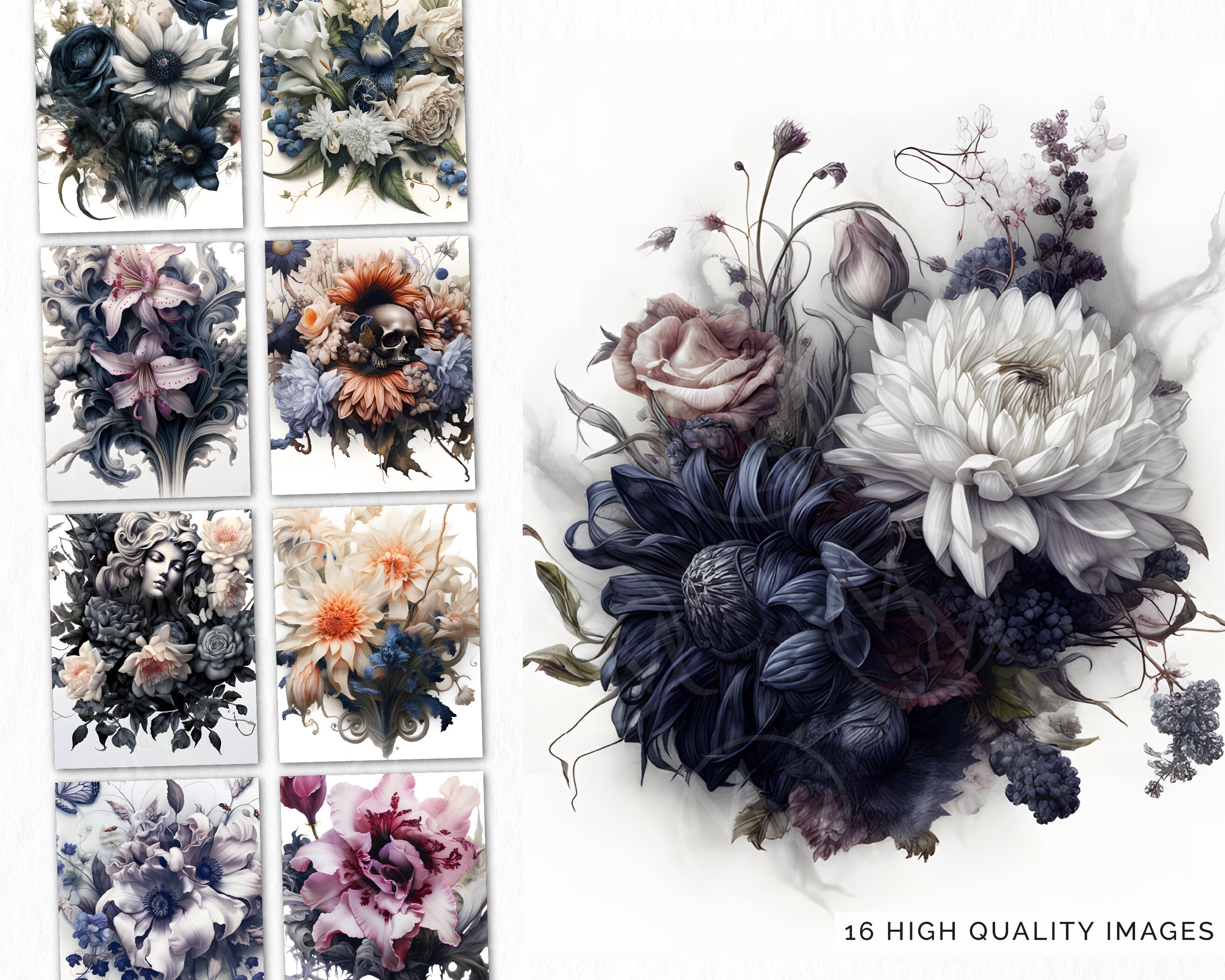 Gothic Floral Bouquets Clipart With Commercial Use With Black and White ...