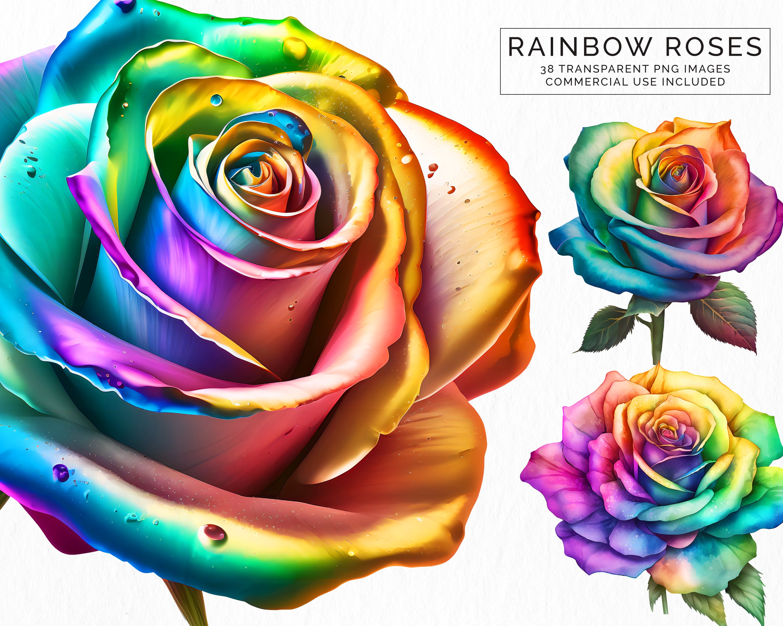 Rainbow Roses Clipart Bundle Transparent PNG Files With Commercial Use ...