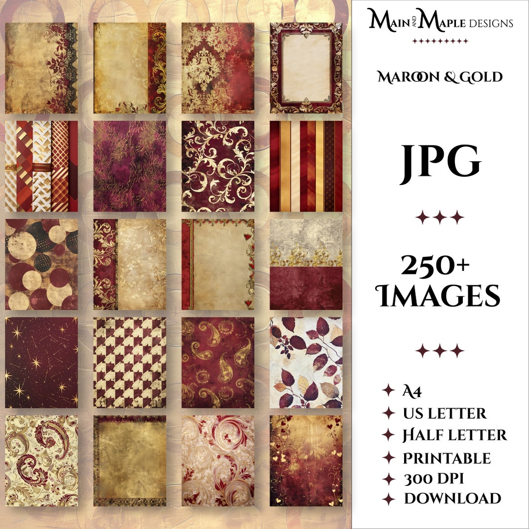 Royal Maroon & Gold Bundle 250+ Printable Papers Vintage Patterns ...