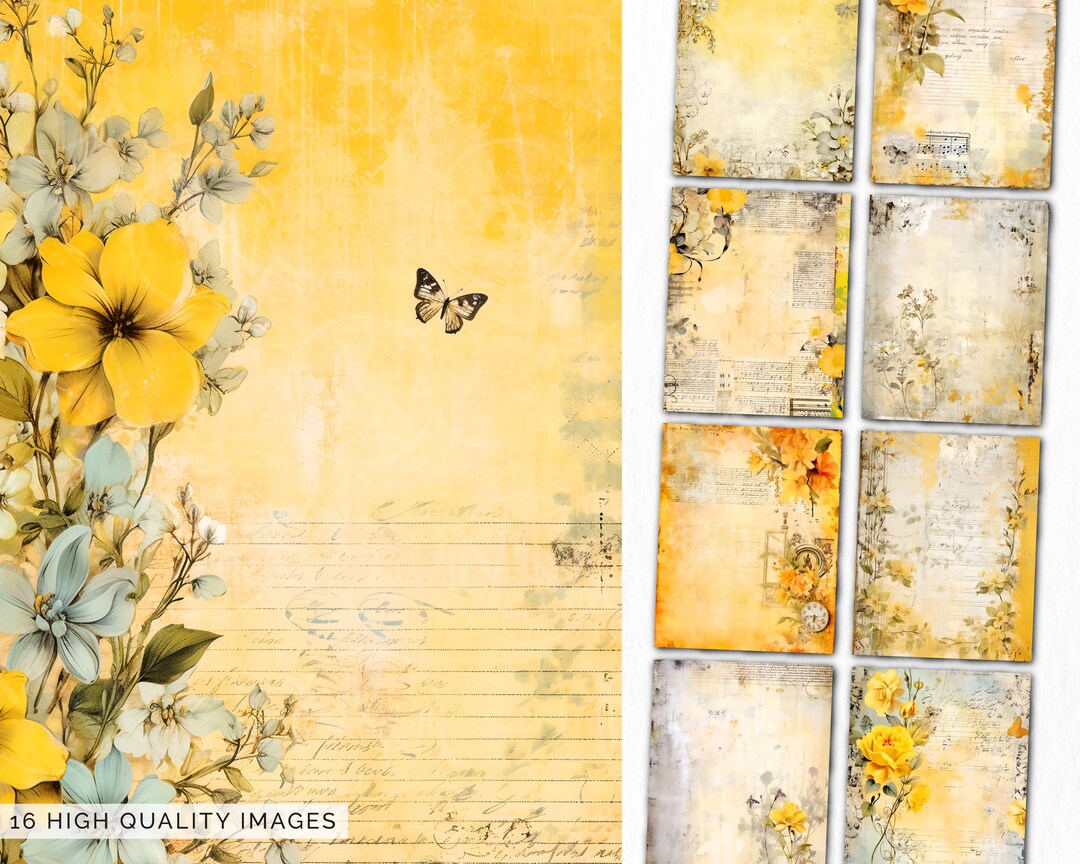 Yellow Vintage Scrapbook Paper With Commercial Use for Card Making ...