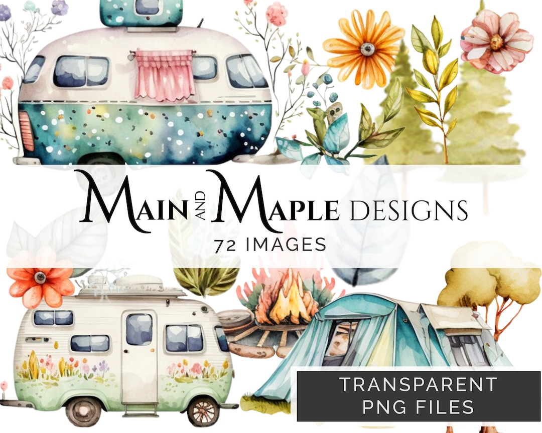 Camping Watercolor Clip Art Summer Vacation 63 Images + 9 Scenes ...