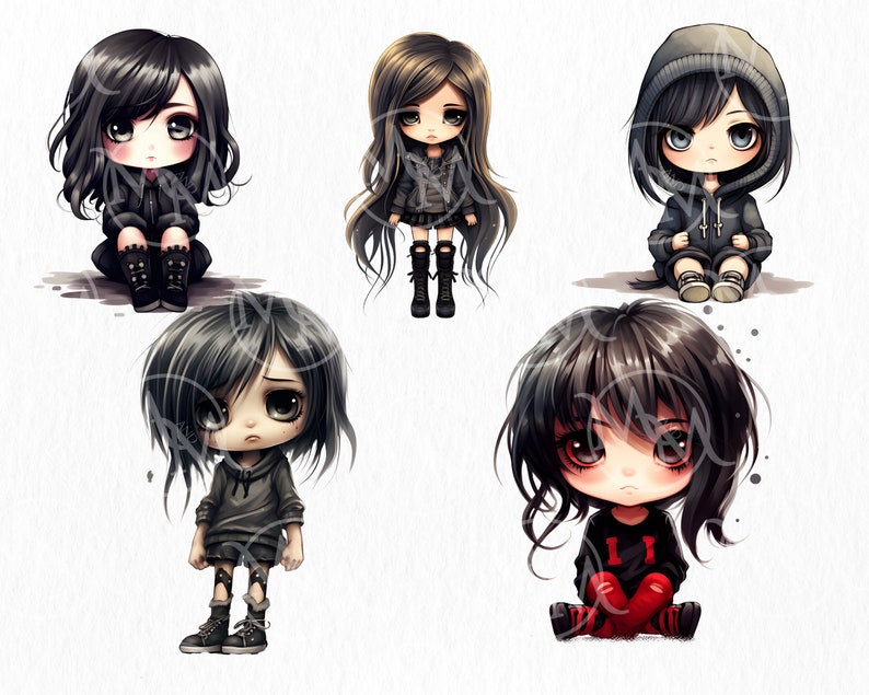 Chibi Emo Girls Clipart PNG Files With Commercial Use Cute Digital ...