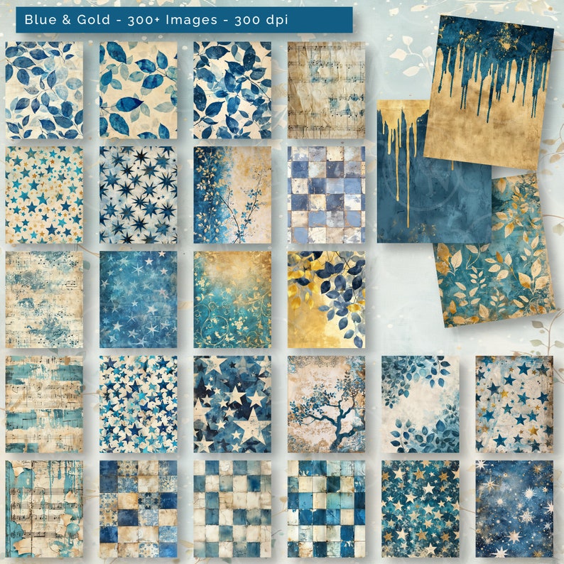 Big Bundle 300 Printable Scrapbook Papers Blue Gold Grunge Digital A4 ...