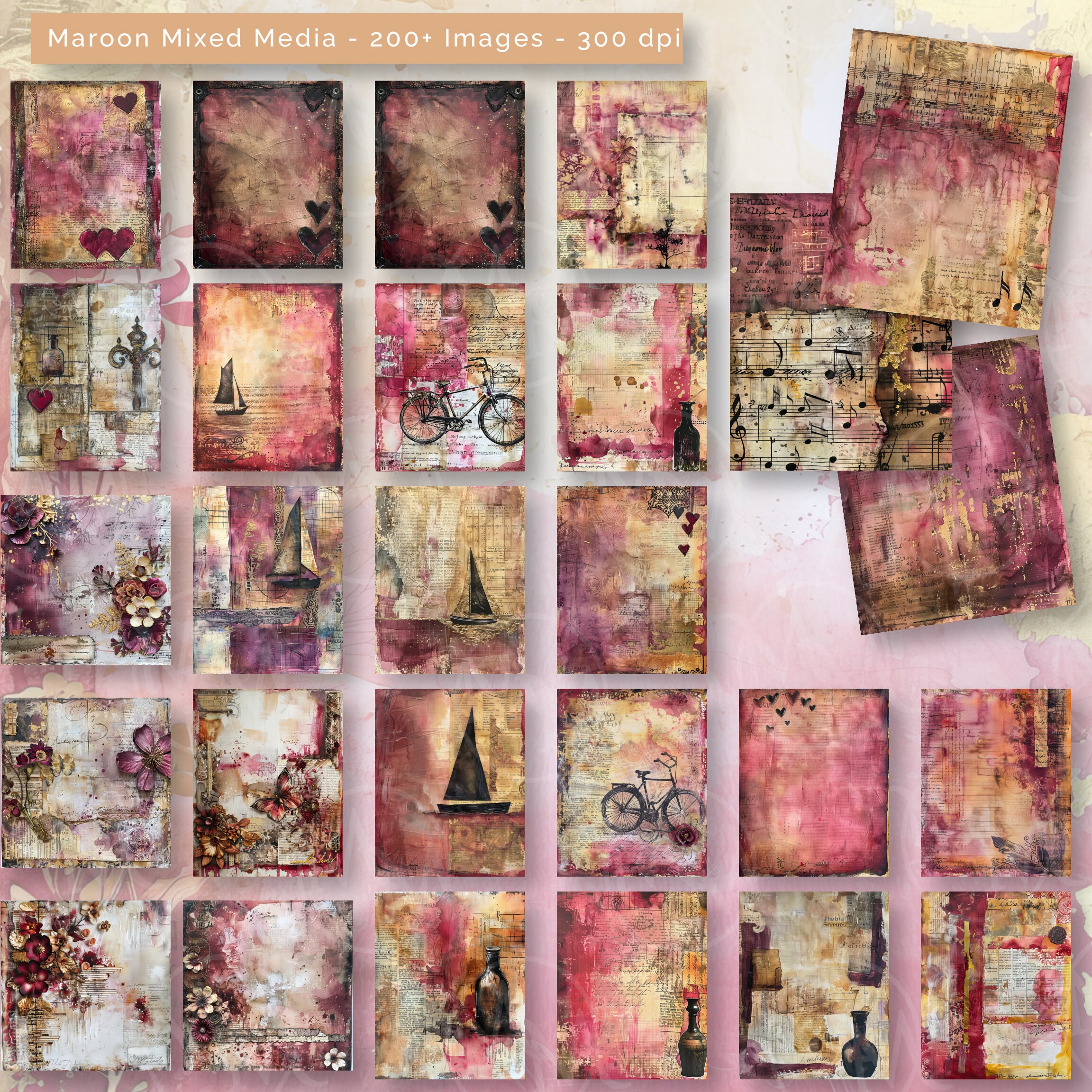 Shabby Chic Printable Papers Bundle 200 Distressed Scrapbook Digital A4 ...