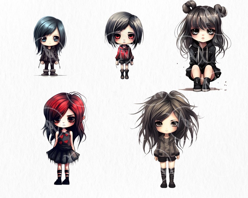 Chibi Emo Girls Clipart PNG Files With Commercial Use Cute Digital ...