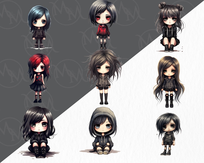 Chibi Emo Girls Clipart PNG Files With Commercial Use Cute Digital ...