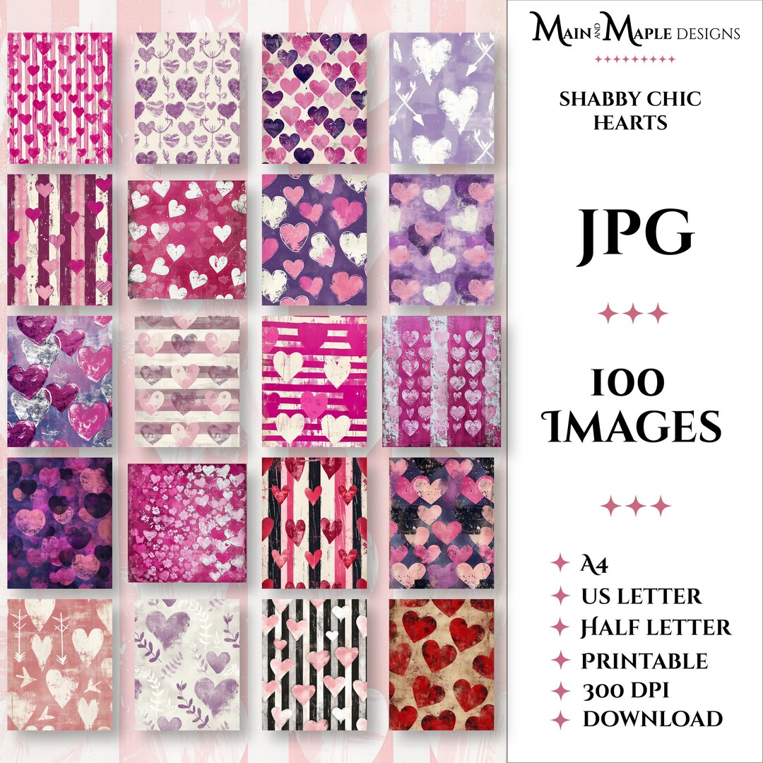 100 Printable Papers Shabby Chic Pink Gold Hearts Valentine Distressed ...