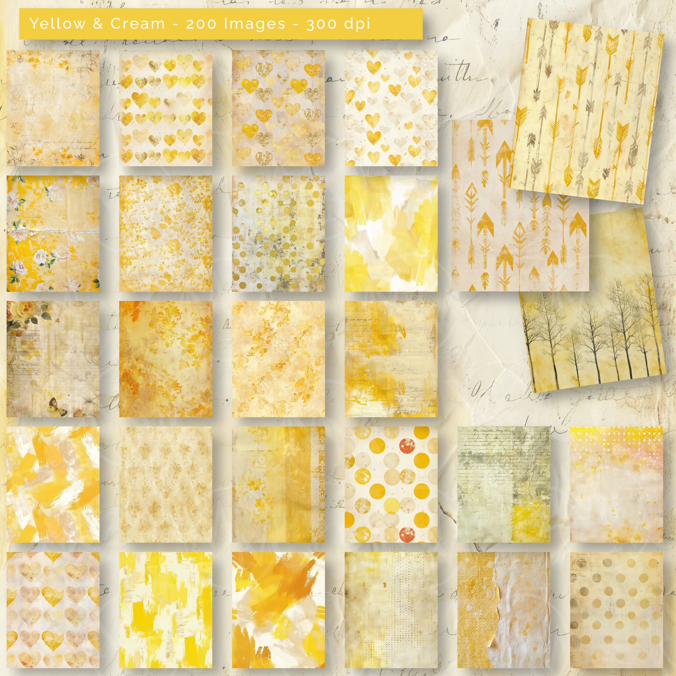 200+ Printable Papers Yellow Cream Scrapbook Digital A4, Letter, Half ...