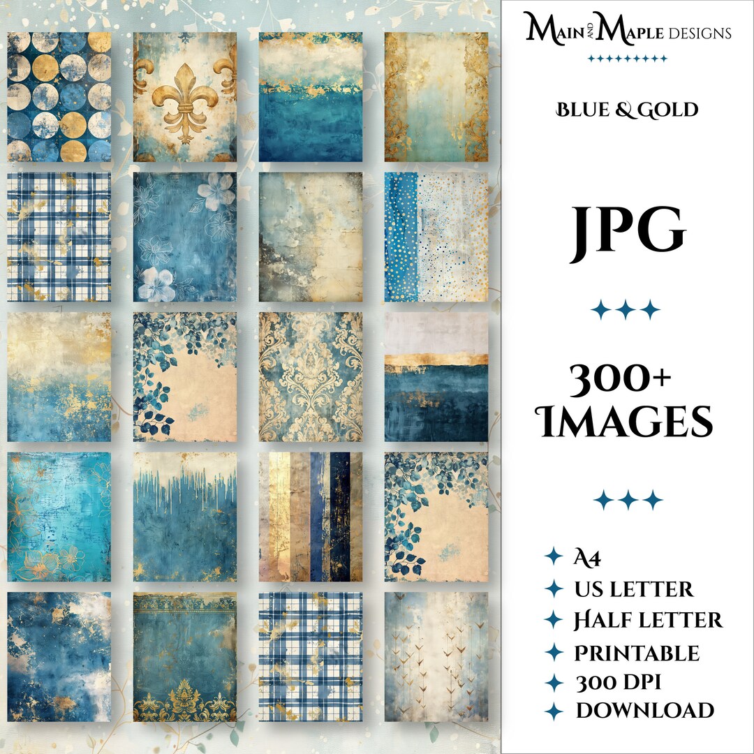 Big Bundle 300+ Printable Scrapbook Papers Blue Gold Grunge Digital A4 ...