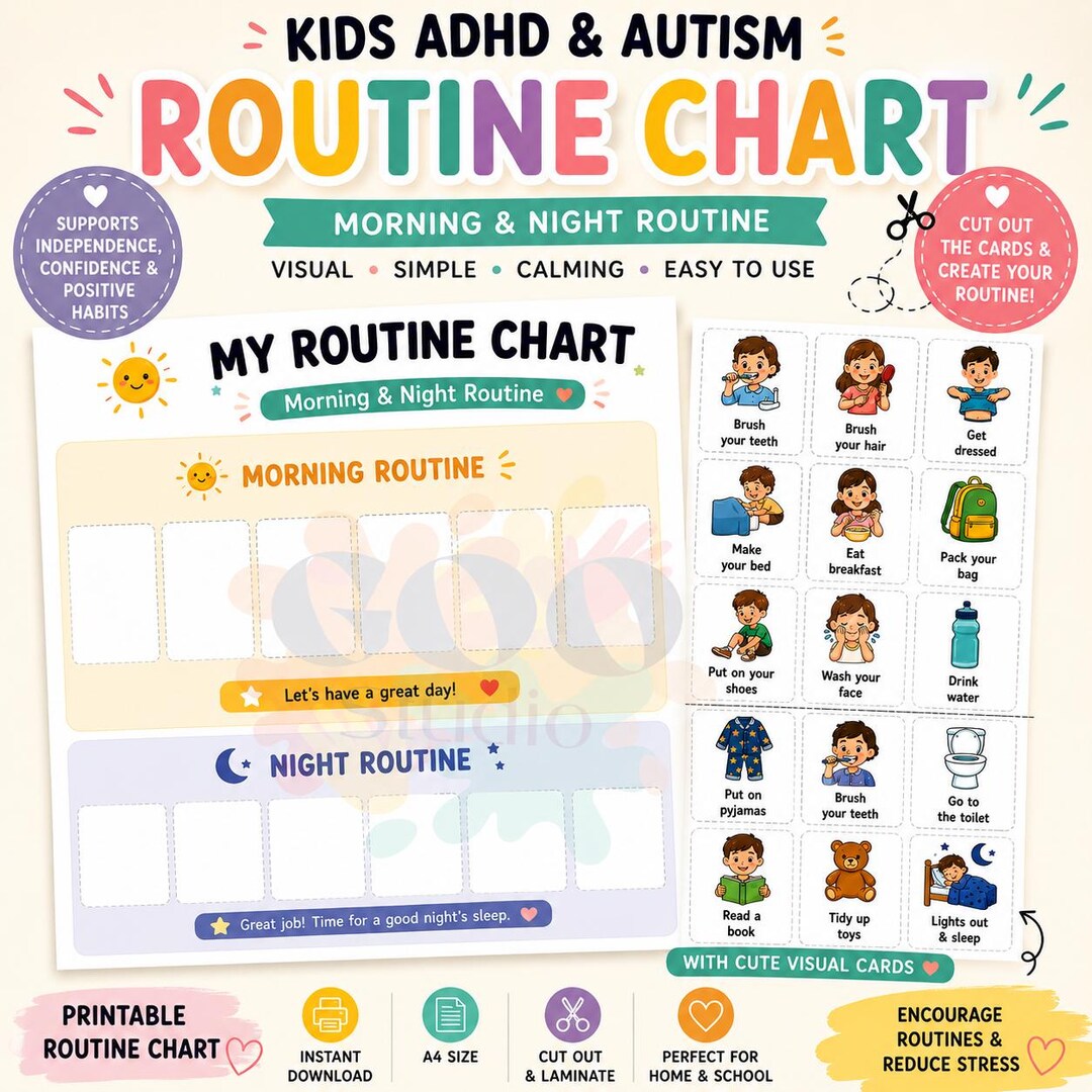 ADHD & Autism Routine Chart Printable | Kids Visual Schedule | Morning ...