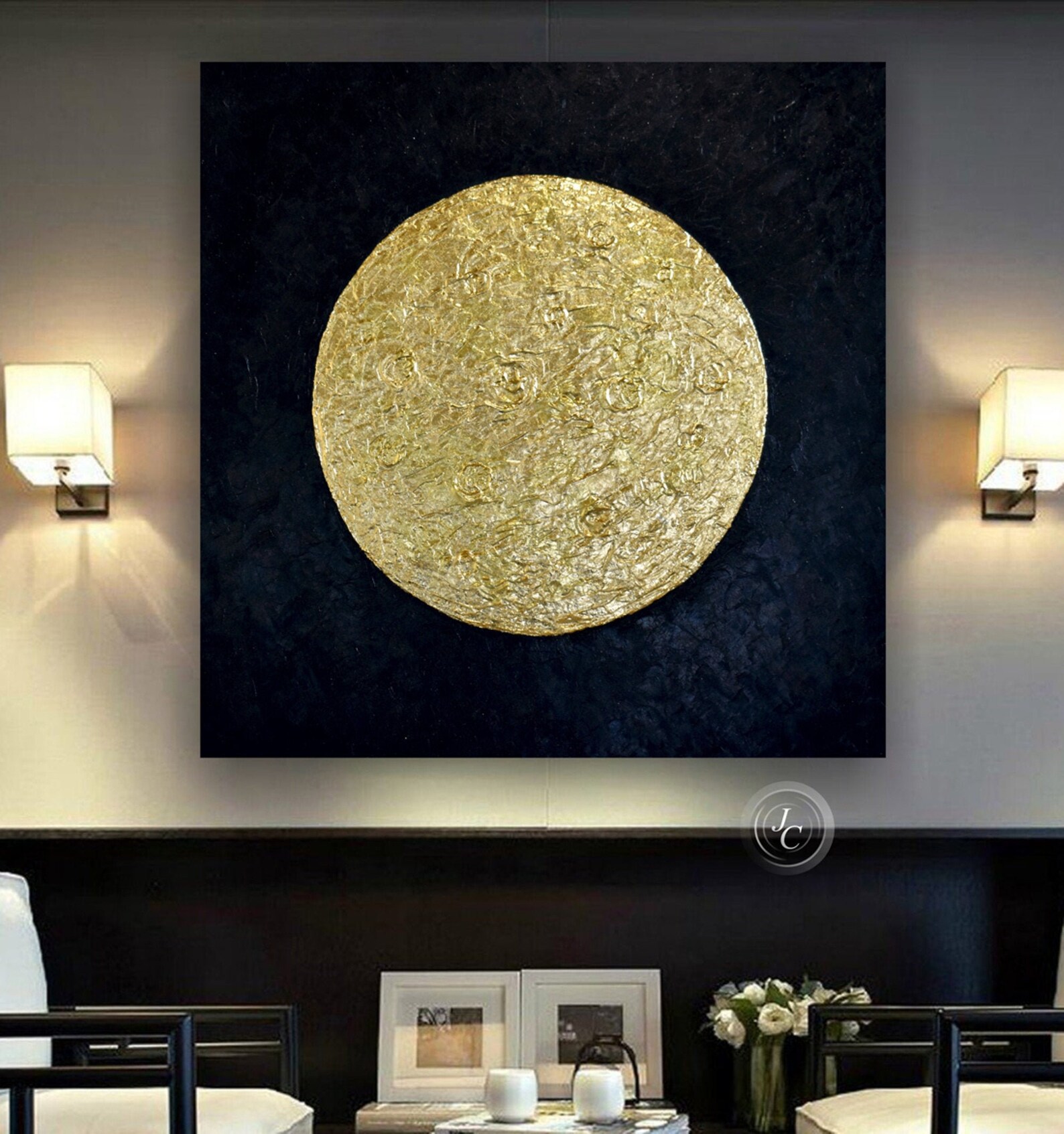 Golden Moon Abstract Art Original Painting on Canvas Gold Leaf | Etsy