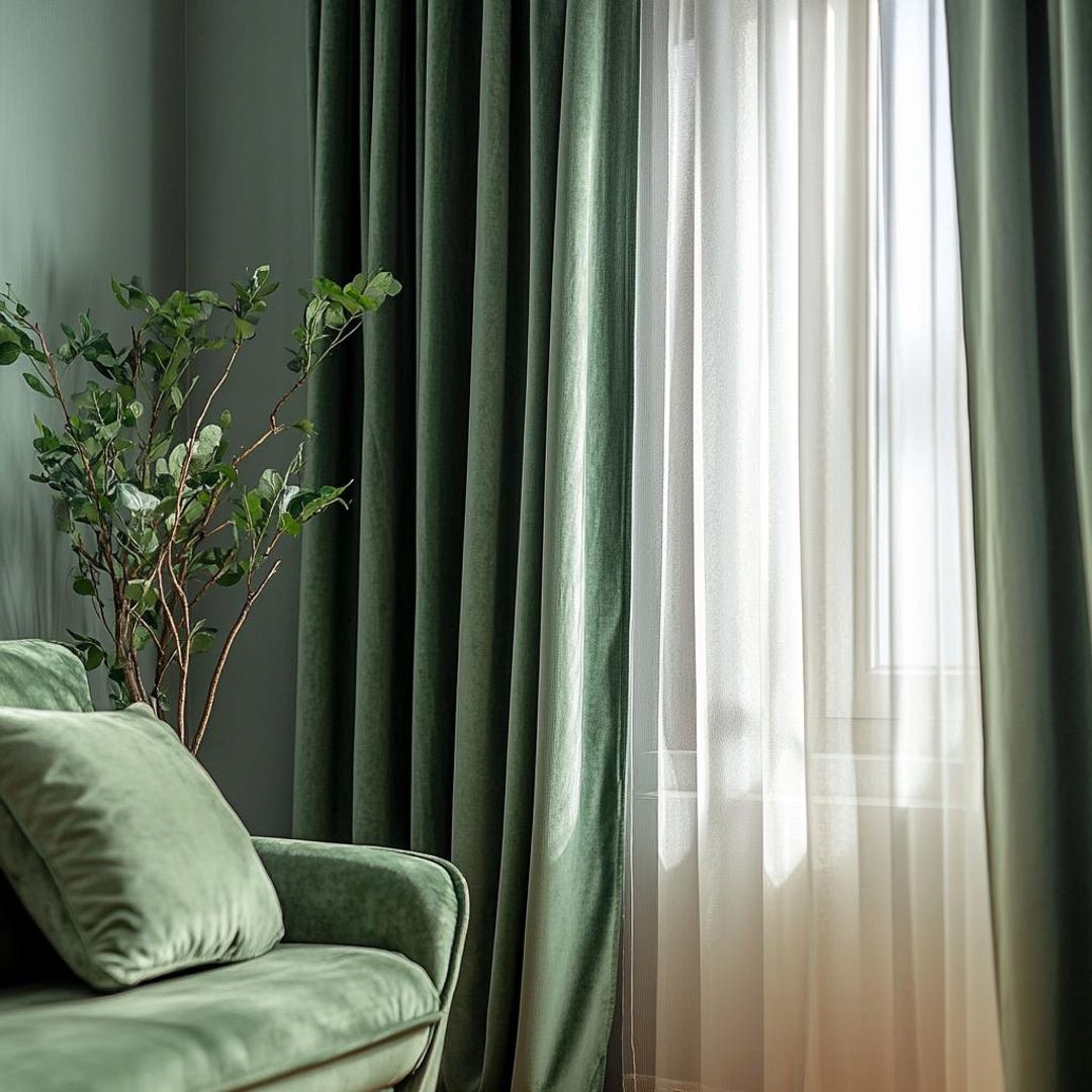 Sage Velvet Curtains / Forest Mid Century Modern Curtains for Living ...