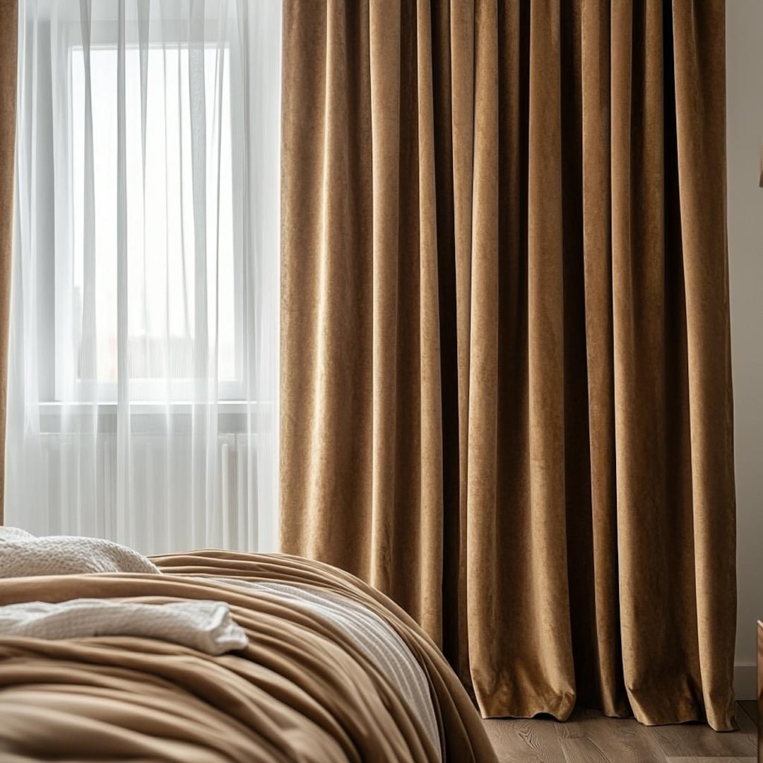 Caramel Luxury Velvet Curtains for Living Room / Bronze Blackout Drapes ...