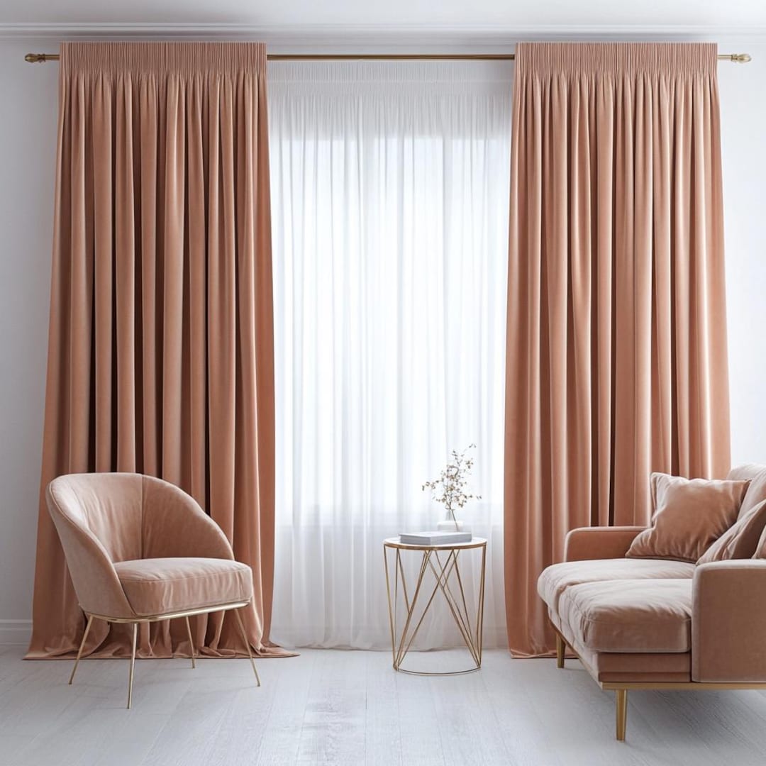 Peach Color Velvet Mid Century Curtains / Retro Curtain / Modern ...