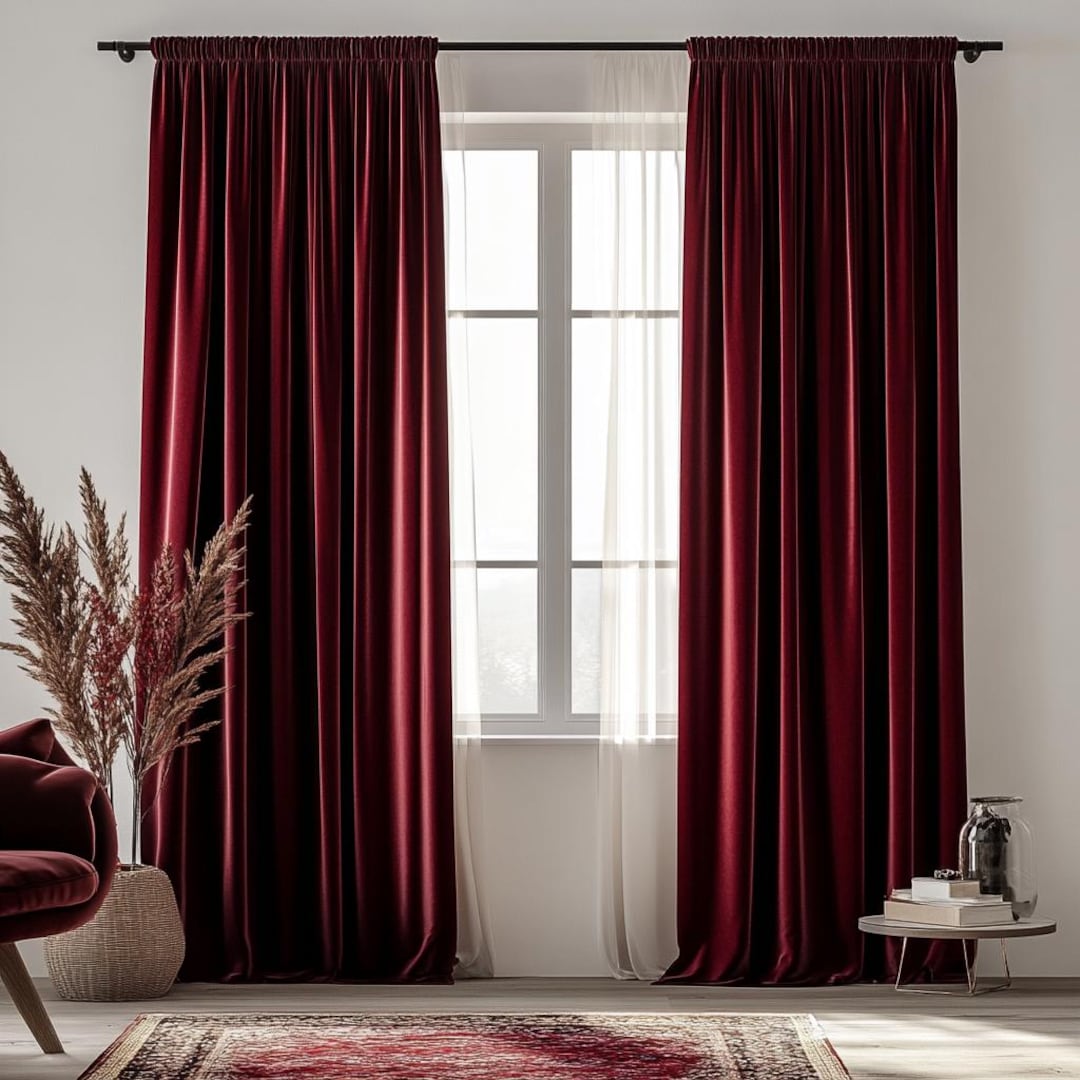 Dark Red Velvet Curtains Living Room / Mid Century Custom Blackout ...