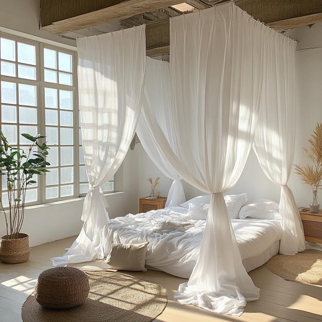 Сanopy Bed Curtains / Linen Curtains Tie Top / Lace Bed Canopy Curtains ...