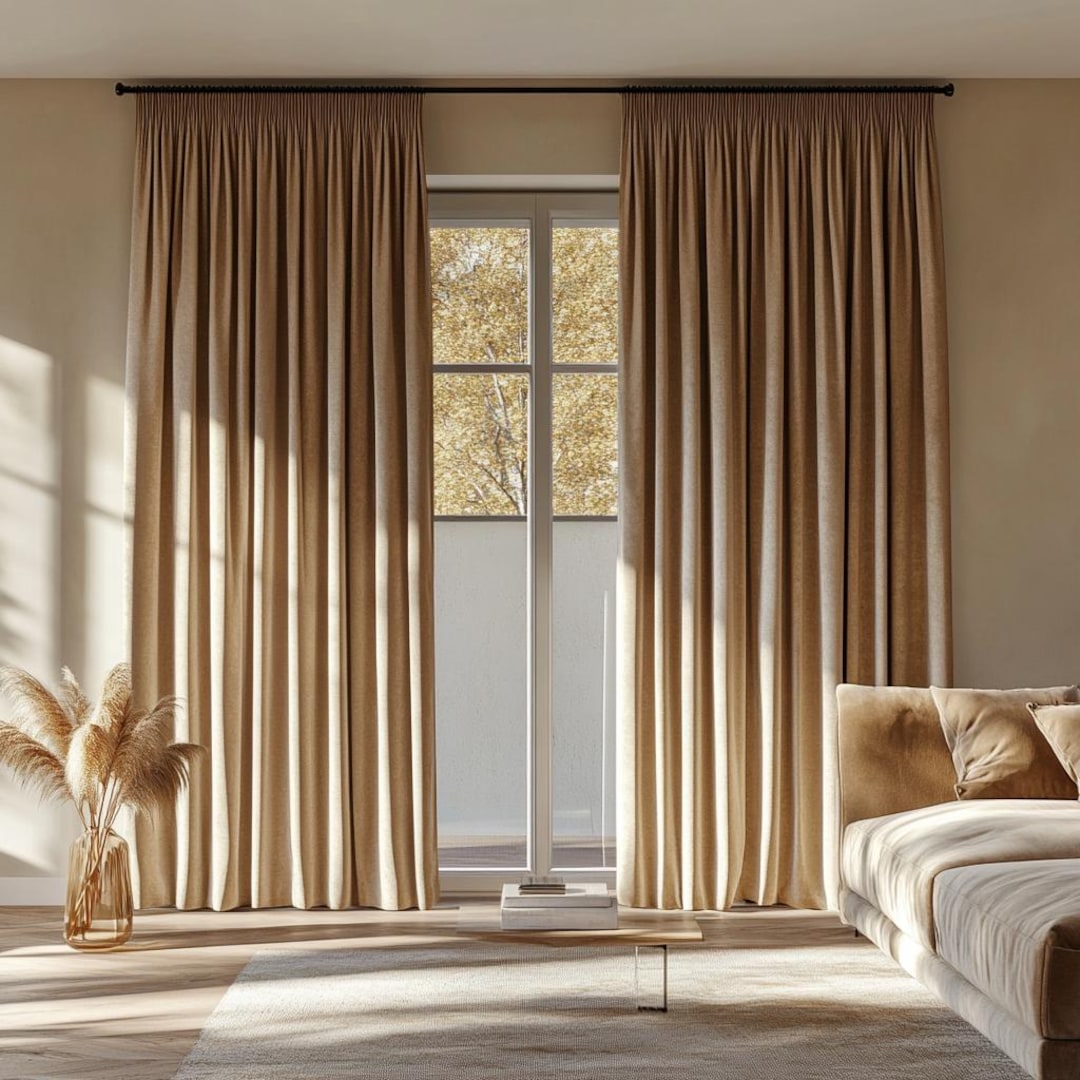 Ivory Luxury Mid Century Modern Velvet Curtains Living Room / Tan Sand ...