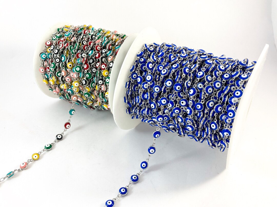 Enamel Evil Eye Chain, 6mm Turkish Eye, Greek Eye, Stainless Steel, 18k ...